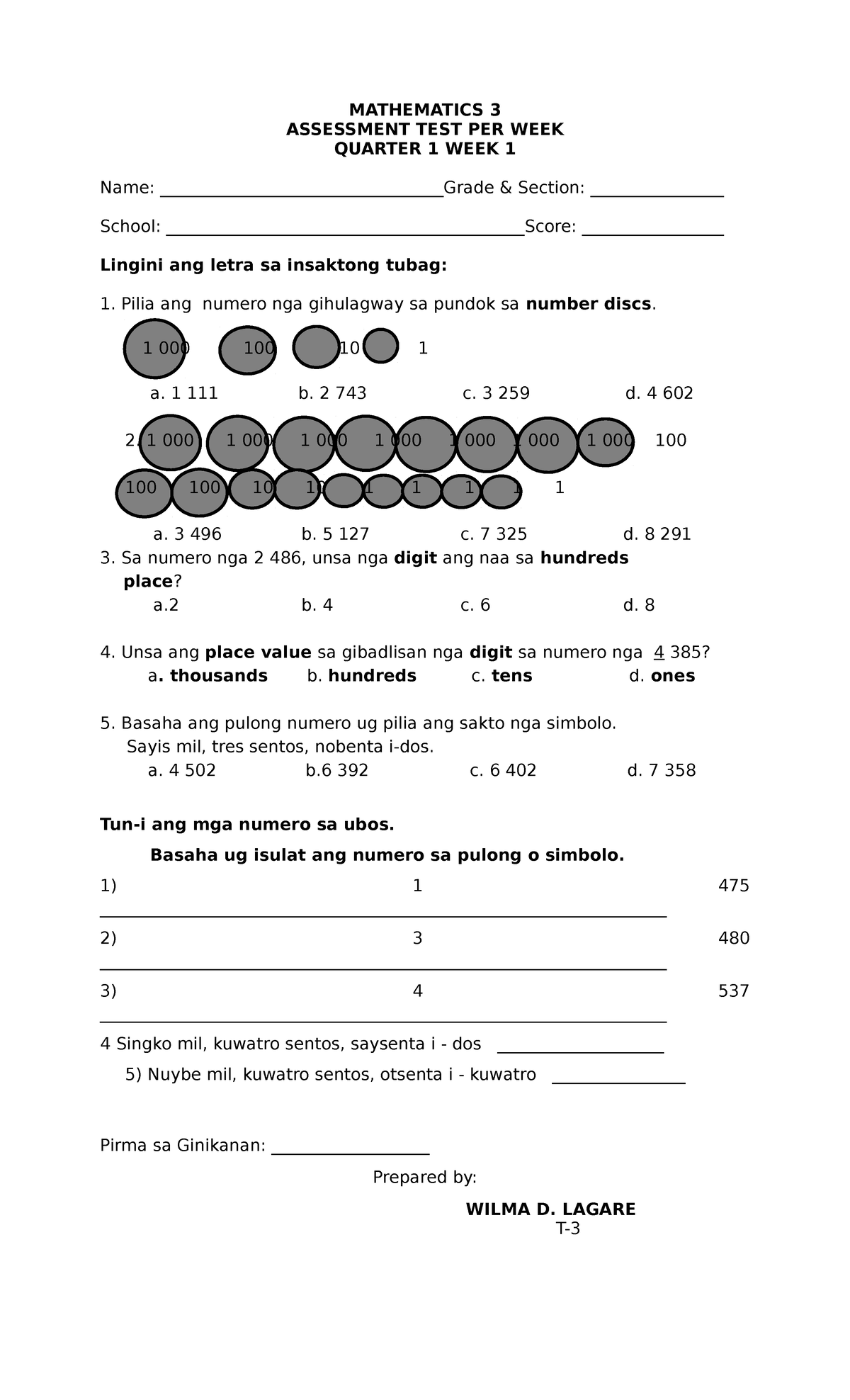 Mathematics 3 assessment tests - MATHEMATICS 3 ASSESSMENT TEST PER WEEK ...
