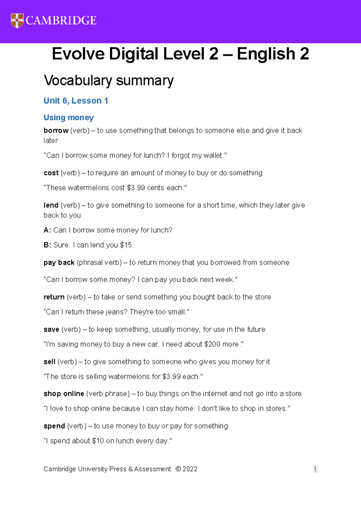 Unit 6 - E2 - Vocabulary - Cambridge University Press & Assessment ...