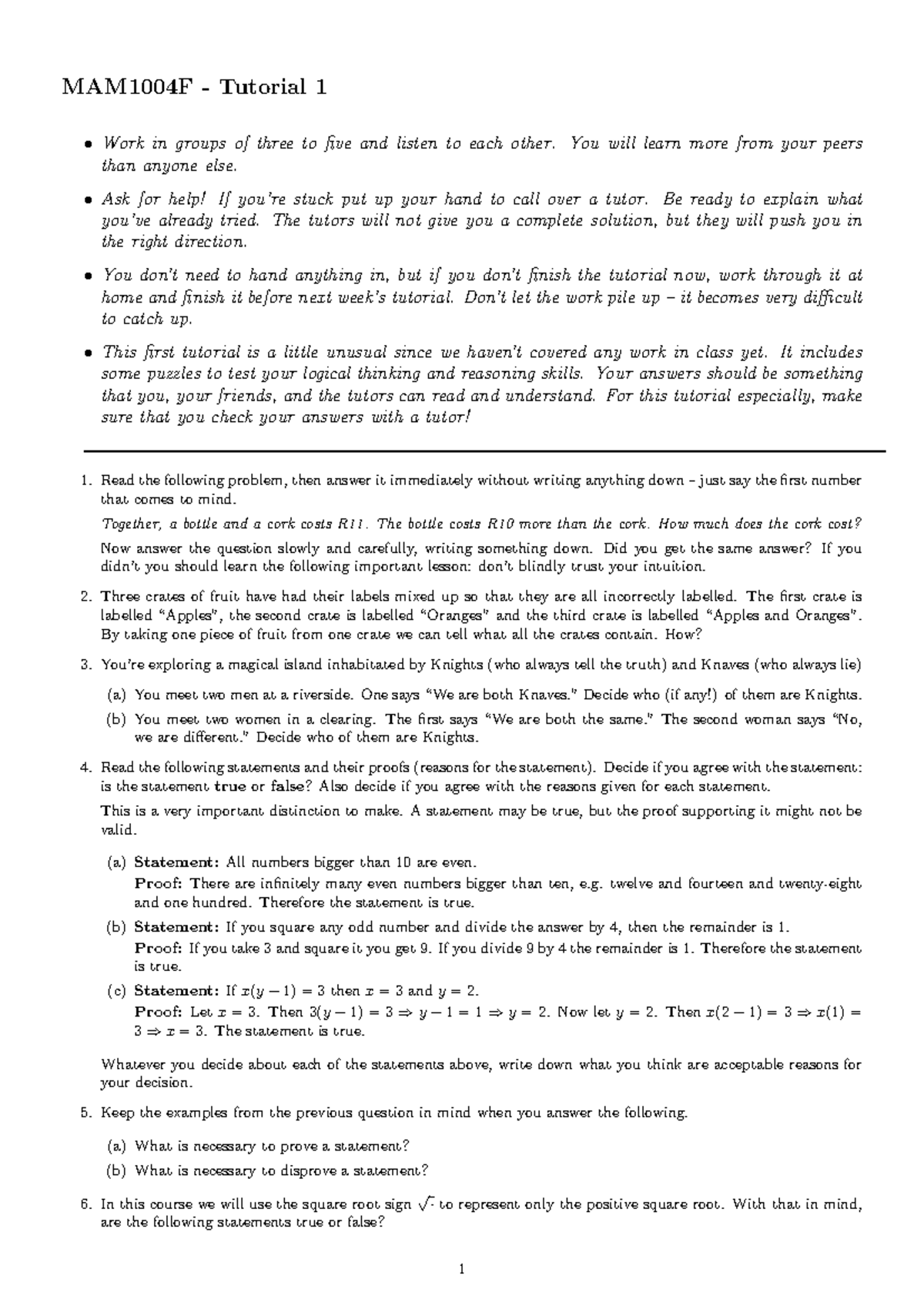 Tutorial 01 - MAM1004F - Tutorial 1 Work in groups of three to five and ...