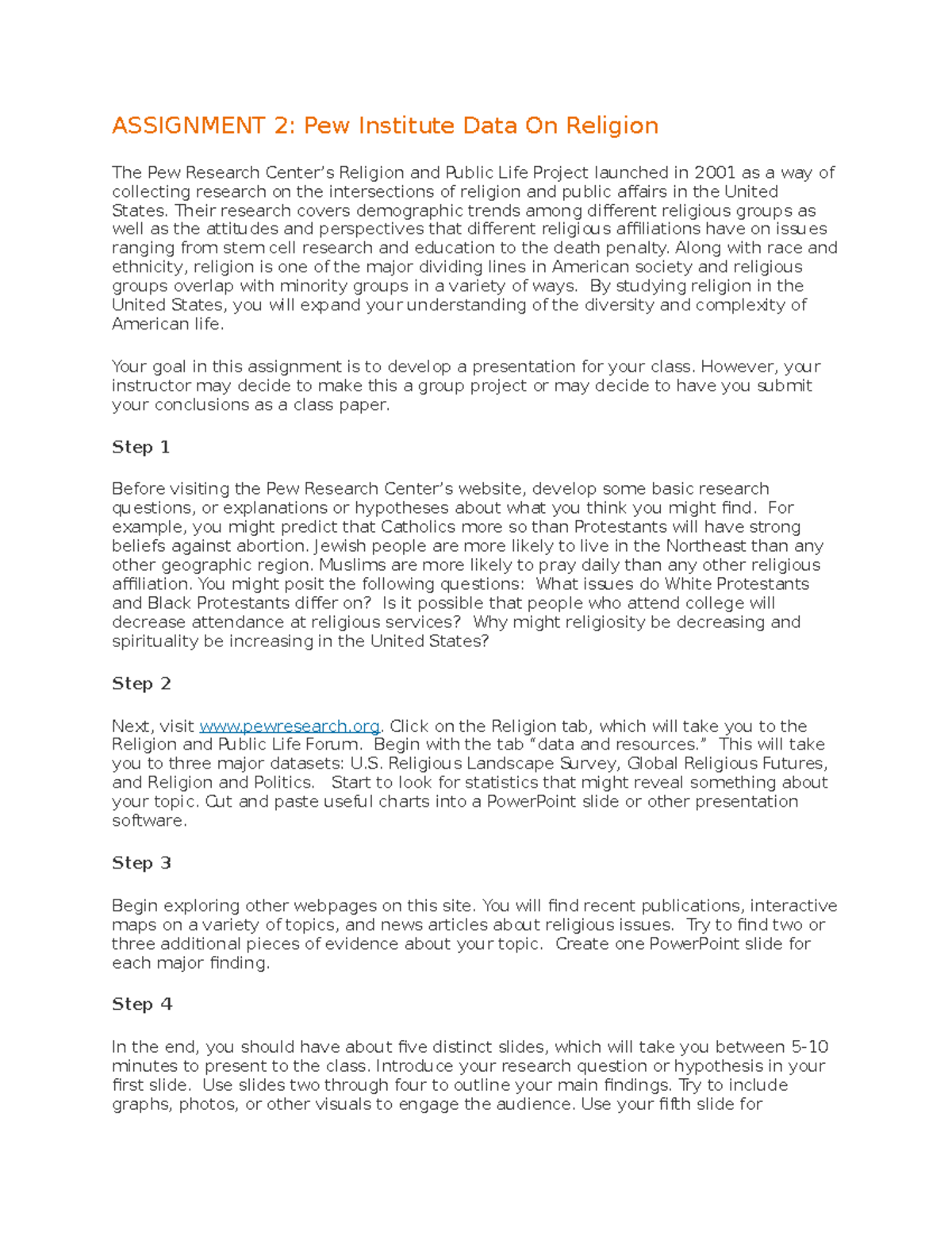 Assignment 2(1) - ASSIGNMENT 2: Pew Institute Data On Religion The Pew ...