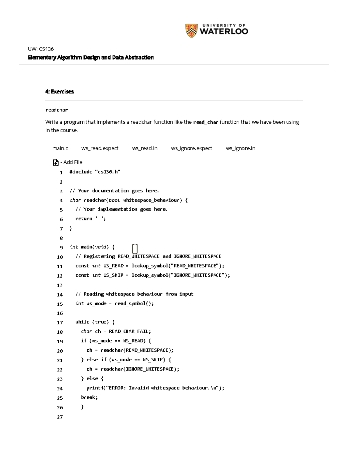4 Exercises Session 4 Introduction to Pointers in C CS136 Courseware UW Online - UW: CS readchar ...