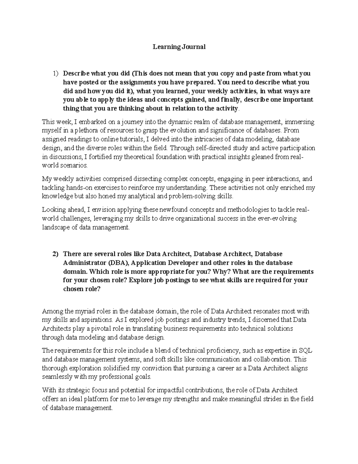 Learning Journal - Learning Journal Describe what you did (This does ...