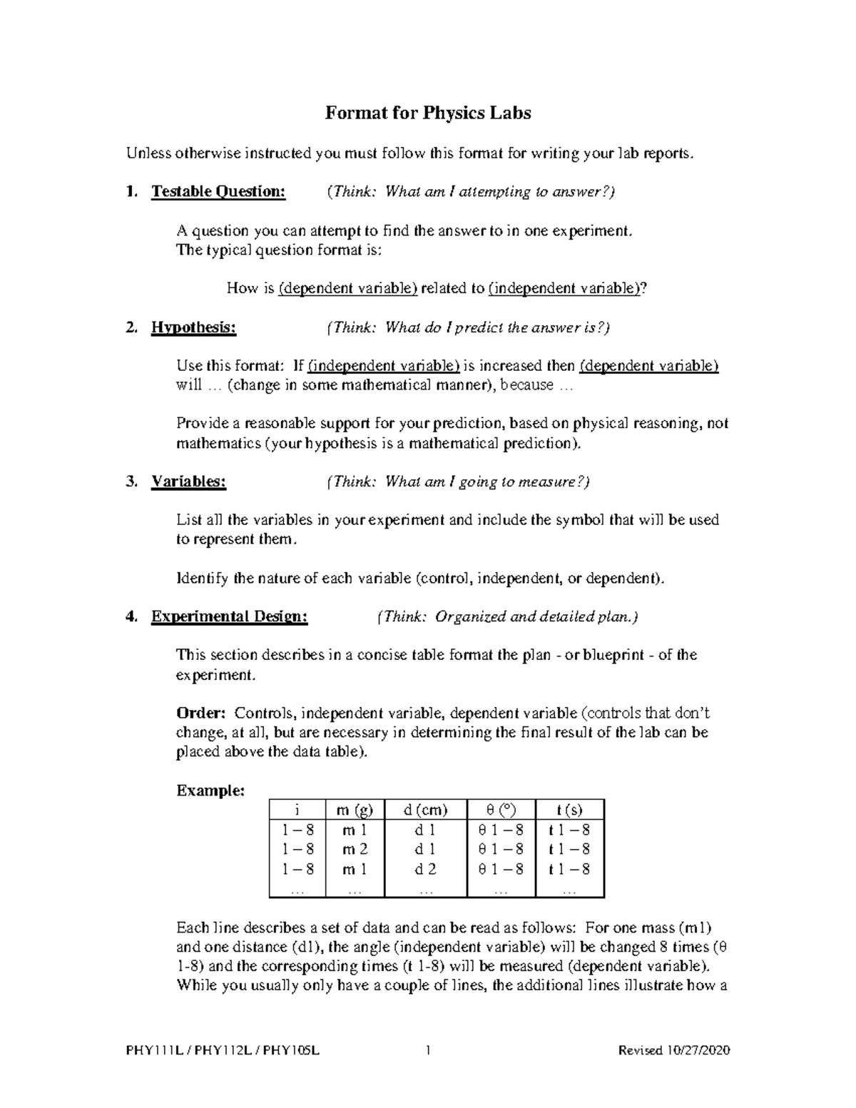 PHY-105L-Lab Report Format - Format for Physics Labs Unless otherwise ...