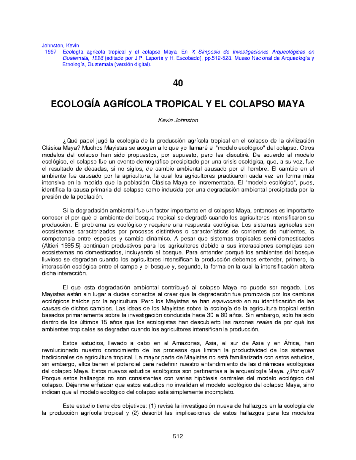 Ecologia tropical colapso maya Lectura 40.96 - Kevin - Johnston, Kevin ...
