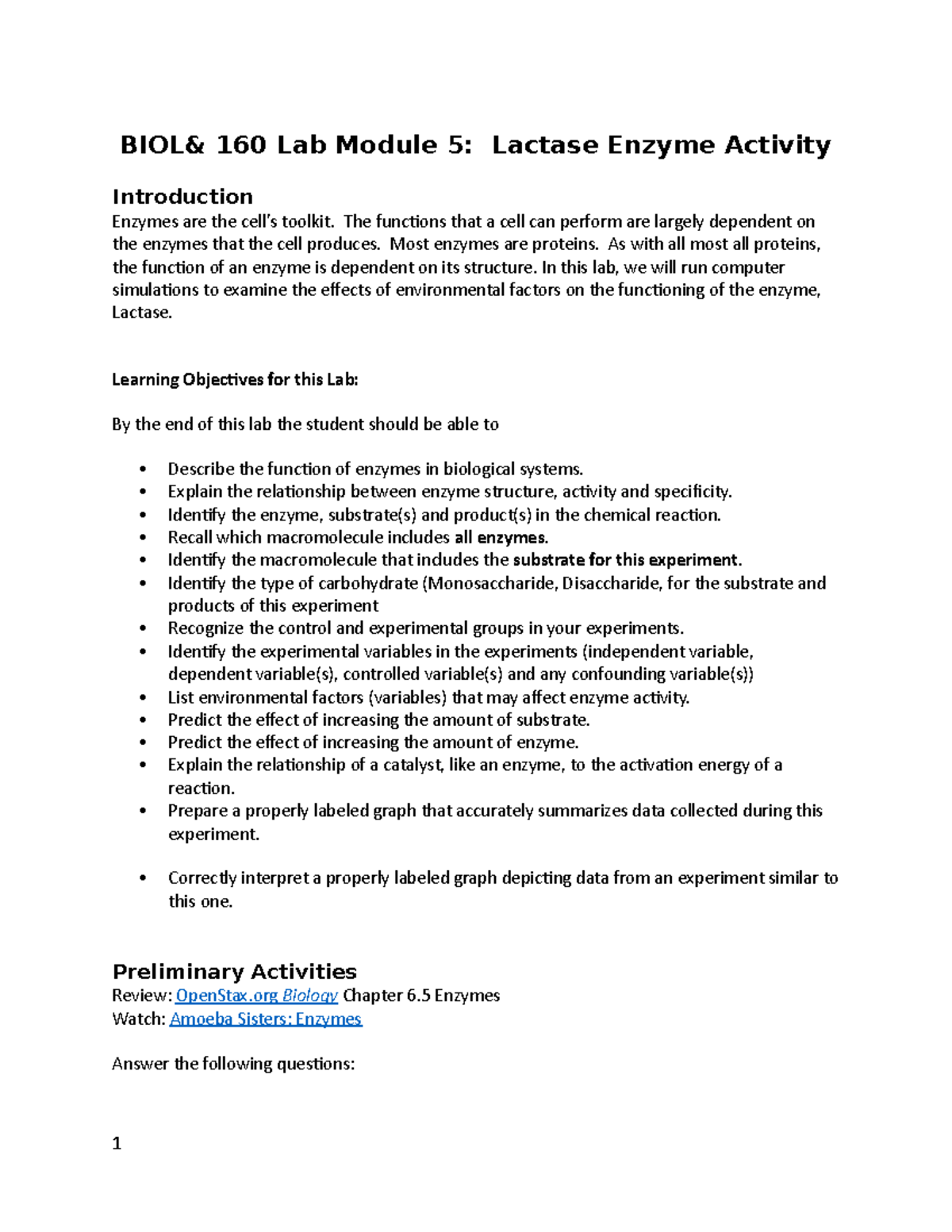 F20 Lab Module 5 Enzymes (1) - Copy - BIOL& 160 Lab Module 5: Lactase ...