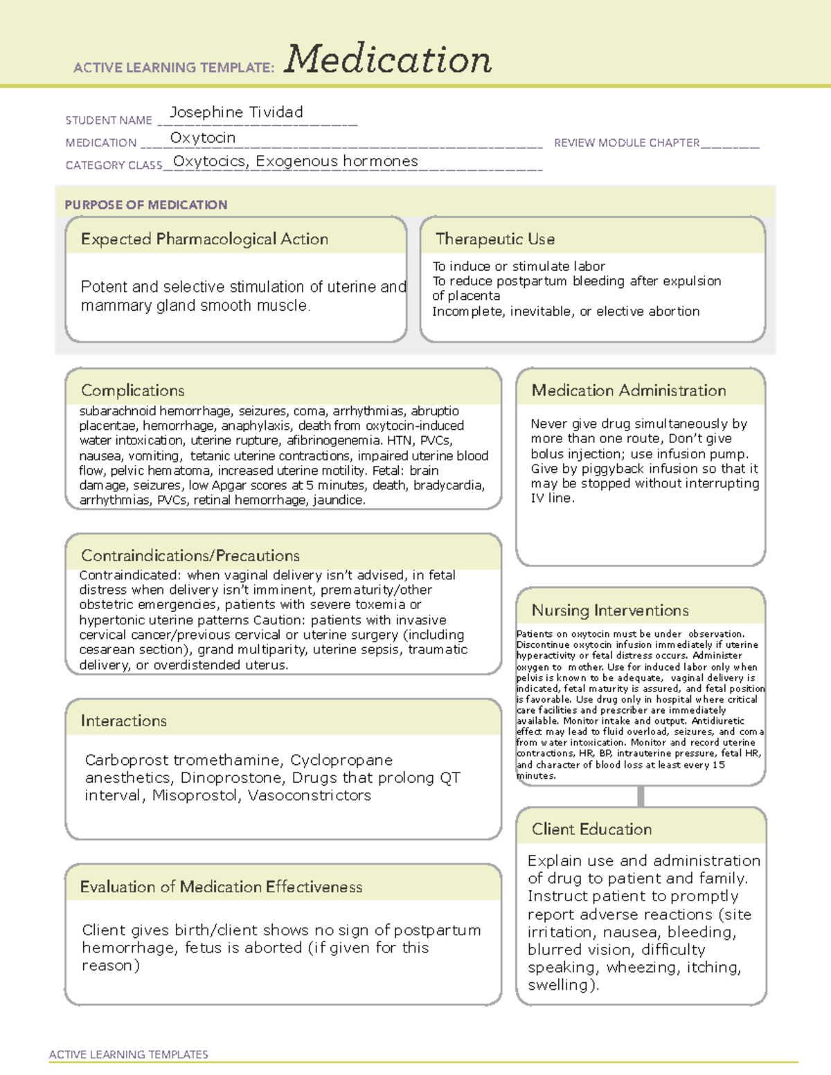 Oxytocin - Medication - ACTIVE LEARNING TEMPLATES Medication STUDENT ...