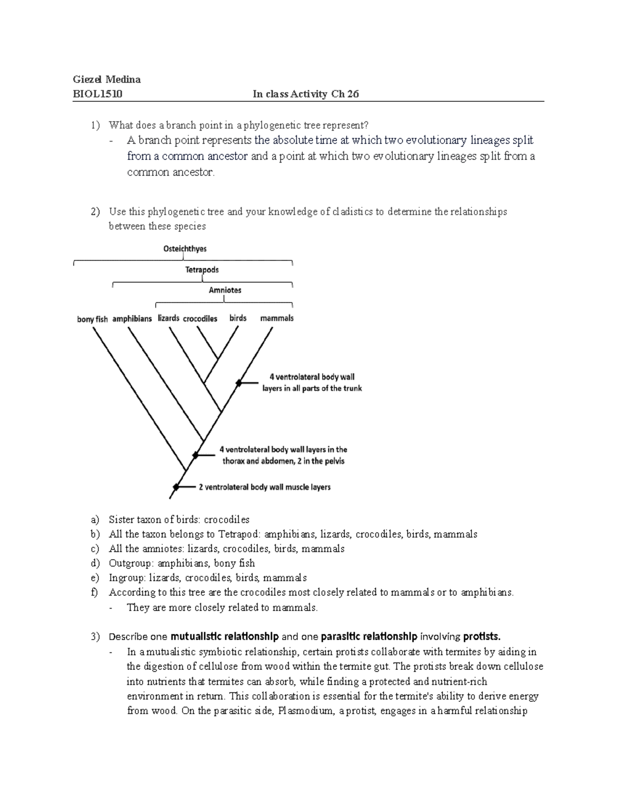 In class Activity Ch 26 - 2) Use this phylogenetic tree and your ...
