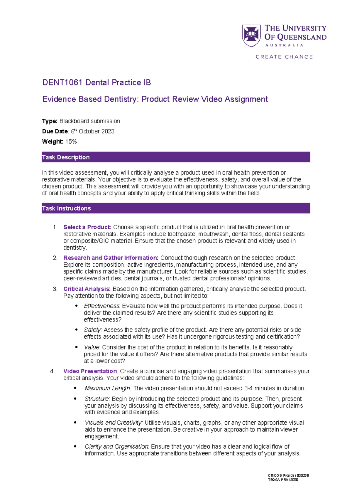 EBD Product Review Video Task Sheet final - DENT1061 Dental Practice IB ...