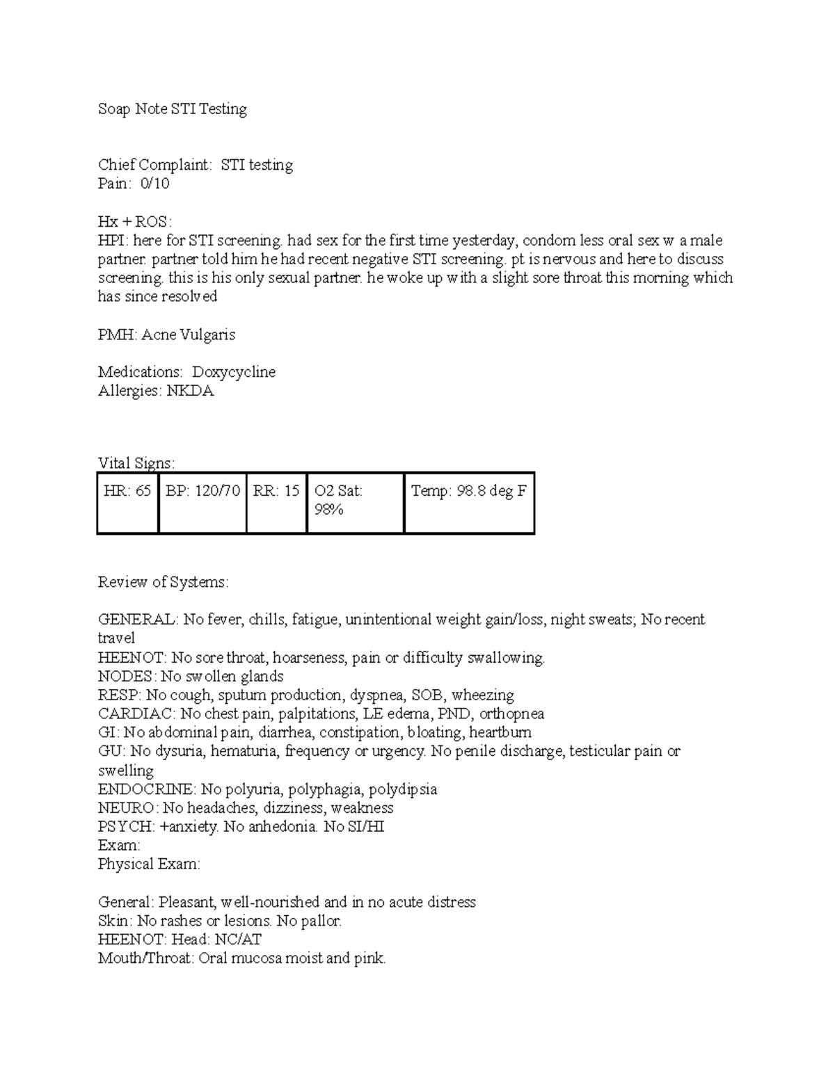 Lee SOAP Note Week 2 STI testing - Soap Note STI Testing Chief ...