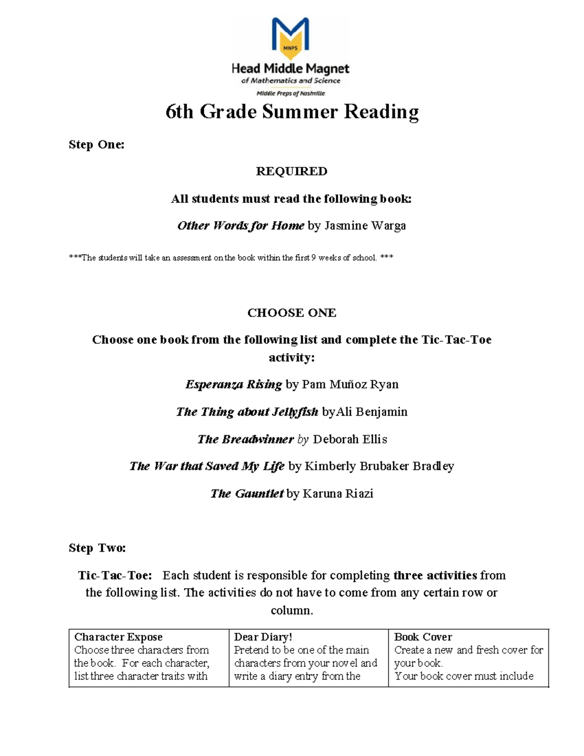 6th Grade Summer Reading 21-22 - 6th Grade Summer Reading Step One ...