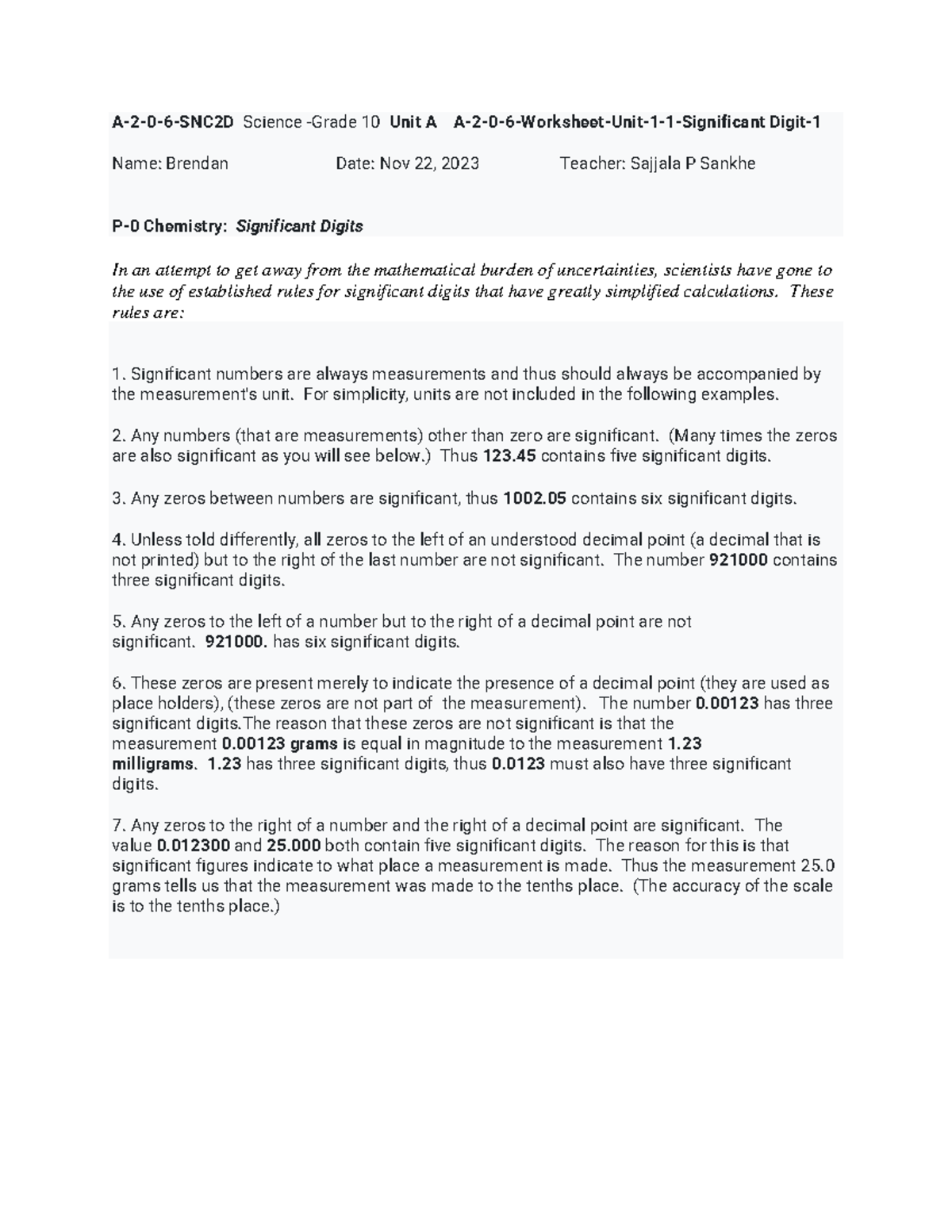 Brendan-Unit A-Lesson 2- Significant Digit Worksheet - A- 2 - 0 - 6 ...