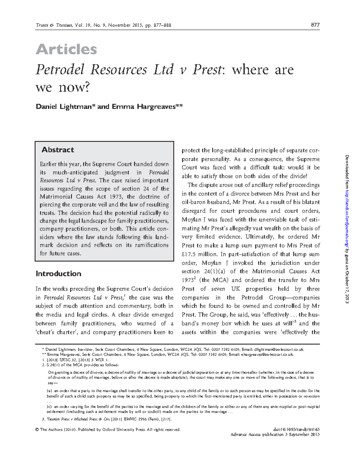 Lightman and Hargreaves (2013 ) - Petrodel Resources Ltd v Prest where ...