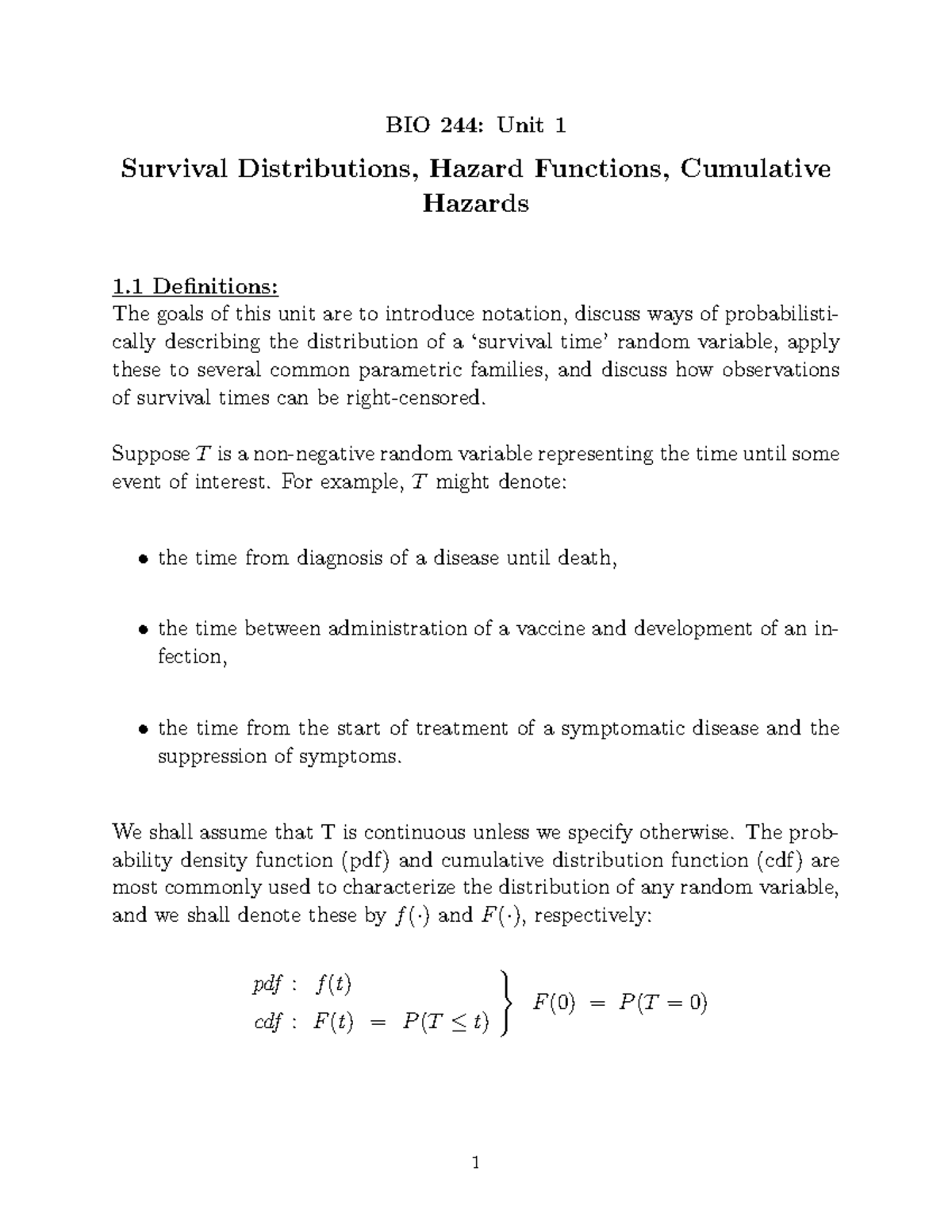 Unit1 - Survival Distributions, Hazard Functions, Cumulative Hazards ...