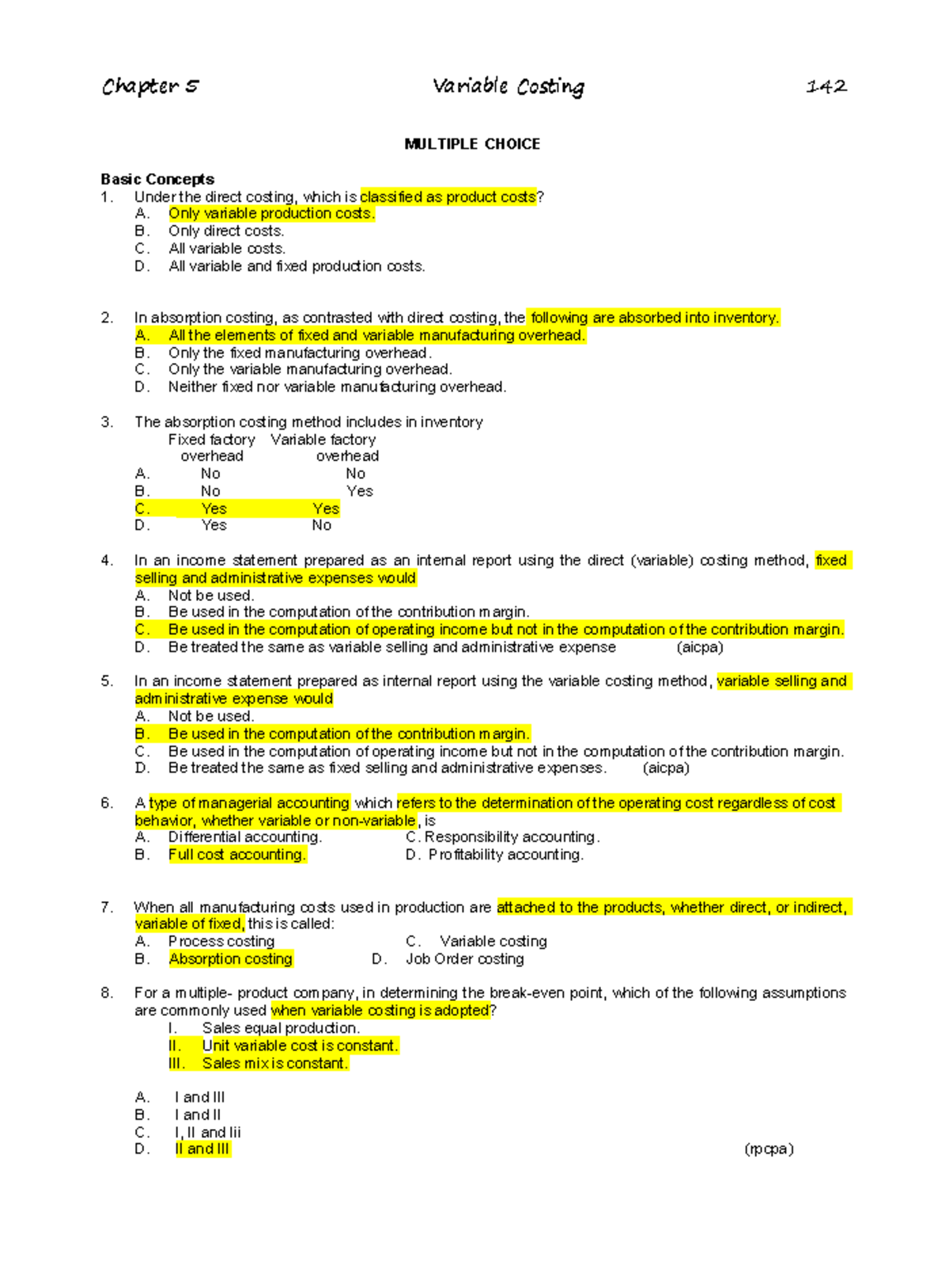 393207101 Chap 5 Variable Costing doc - Chapter 5 Variable Costing 142 MULTIPLE CHOICE Basic ...