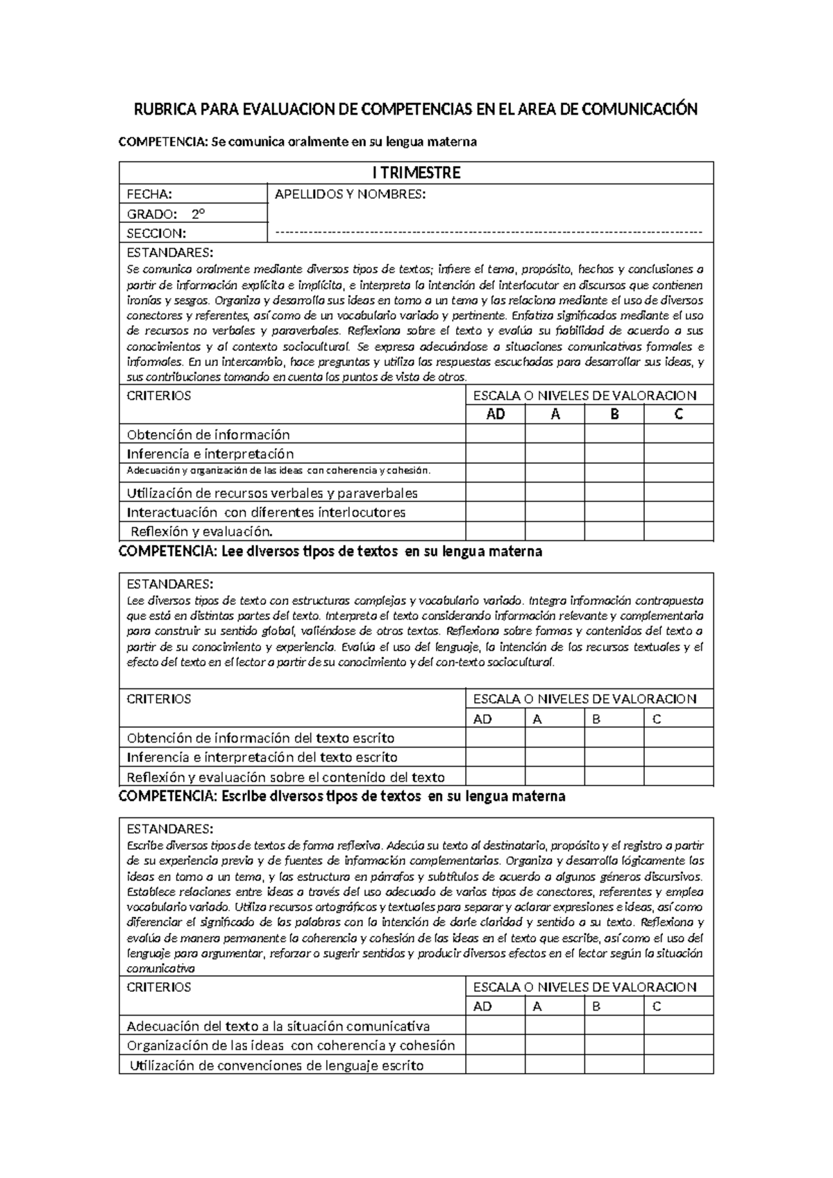 Rubrica PARA Evaluacion DE Competencia EN EL AREA DE Comunicacion docx ...