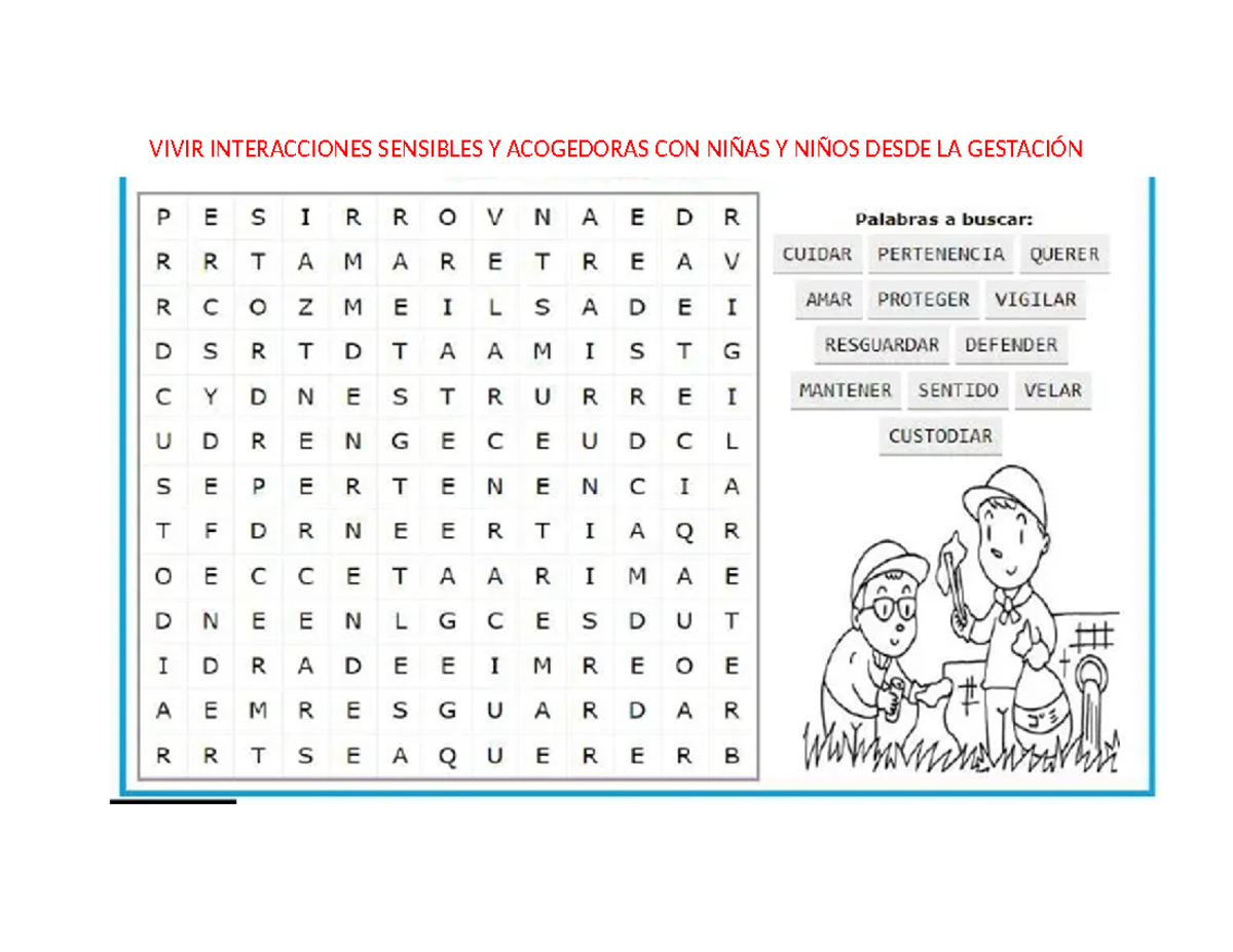 Sopa de letra Vivir Interacciones Sensibles- Vinvulos Afectivos - Psicología Del Desarrollo ...