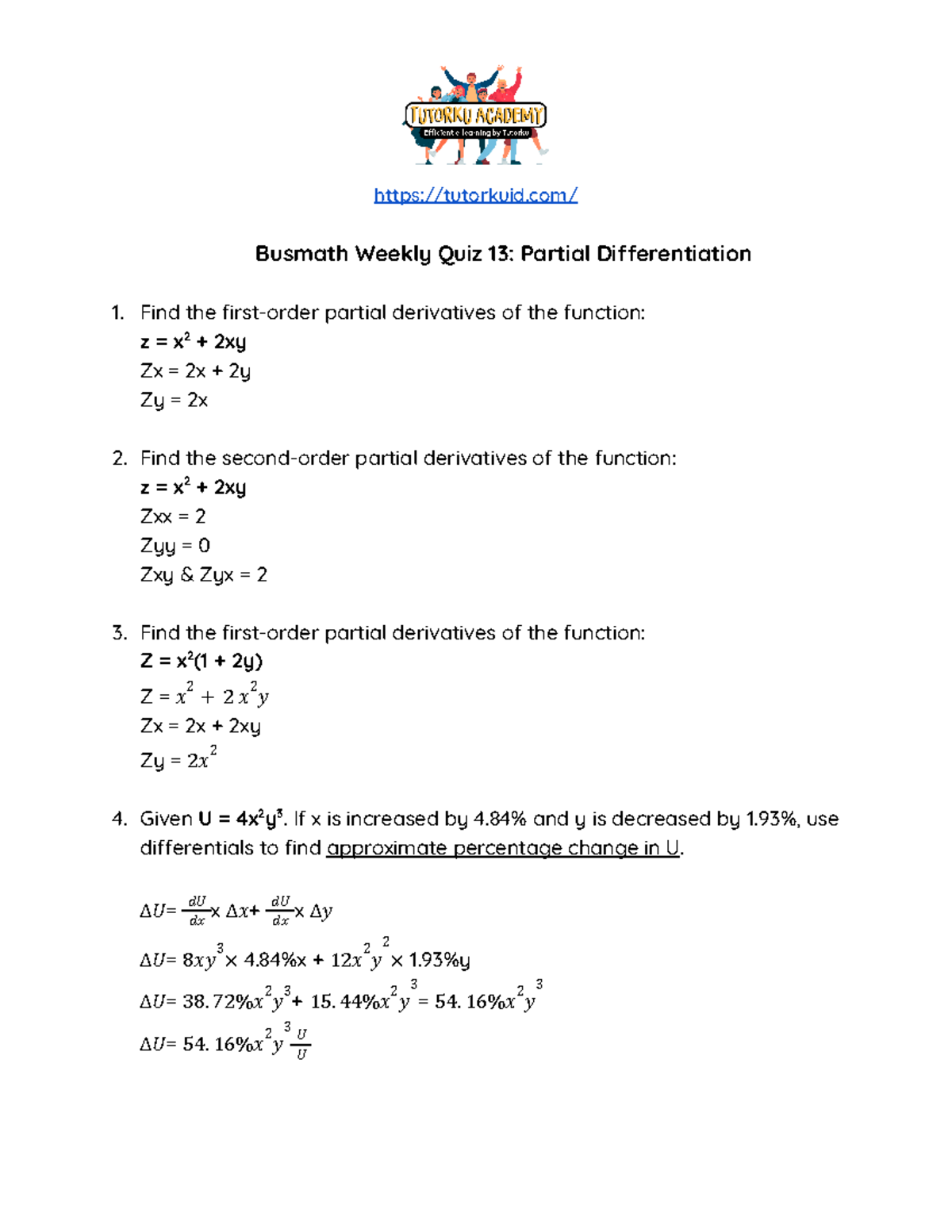 Busmath Quiz Week 13 (Partial Differentiation) - tutorkuid/ Busmath Weekly Quiz 13: Partial ...