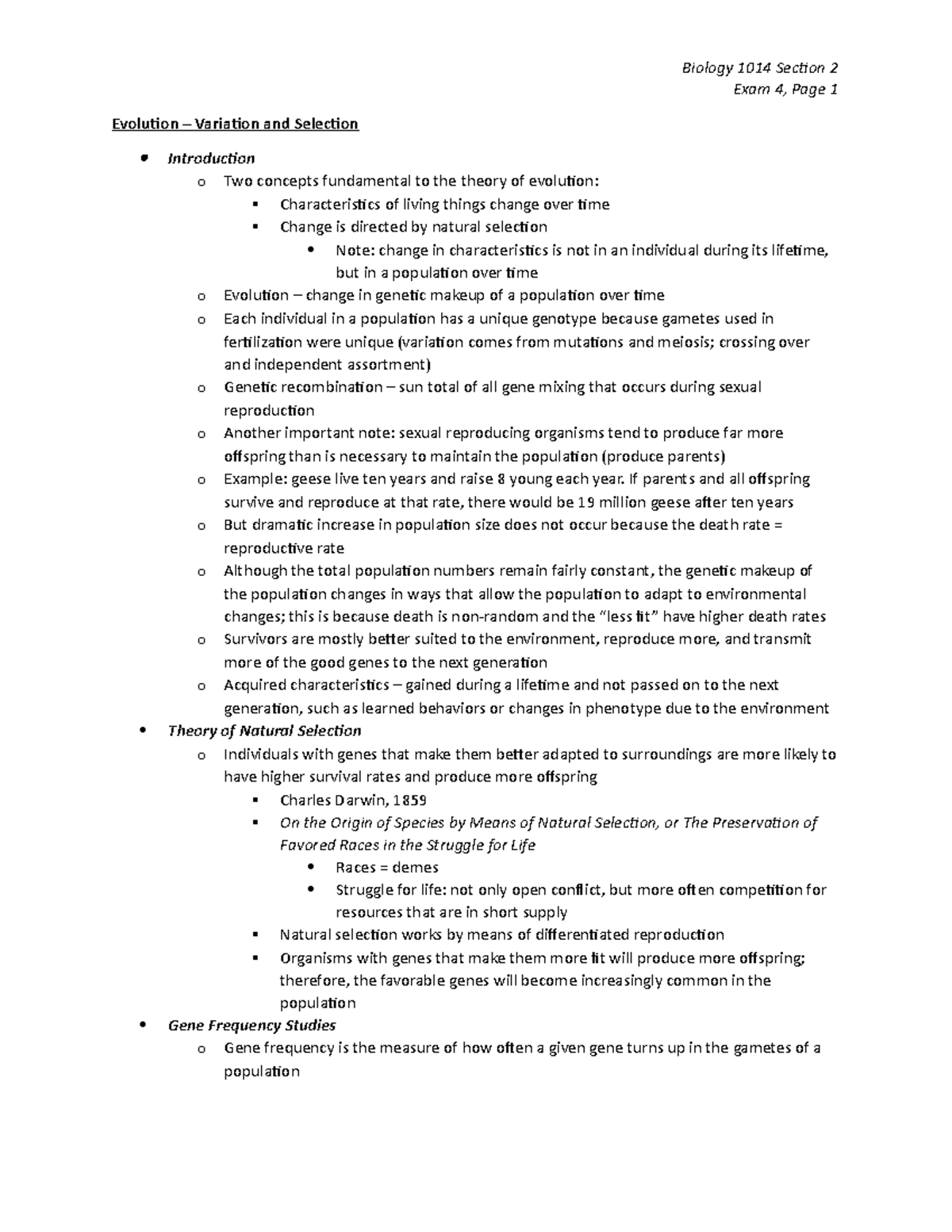 Exam 4 Lecture Notes - Biology 1014 Section 2 Exam 4, Page 1 Evolution ...