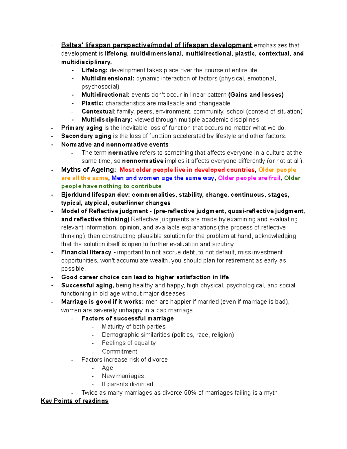 Devpsych Study guide - Baltes' lifespan perspective/model of lifespan ...