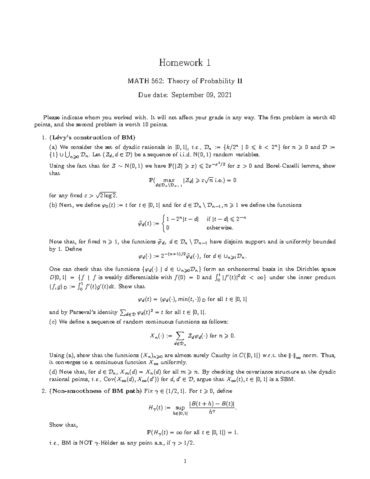 MATH 562 HW 1 - Fall 2021 Homework 1 - Homework 1 MATH 562: Theory of ...
