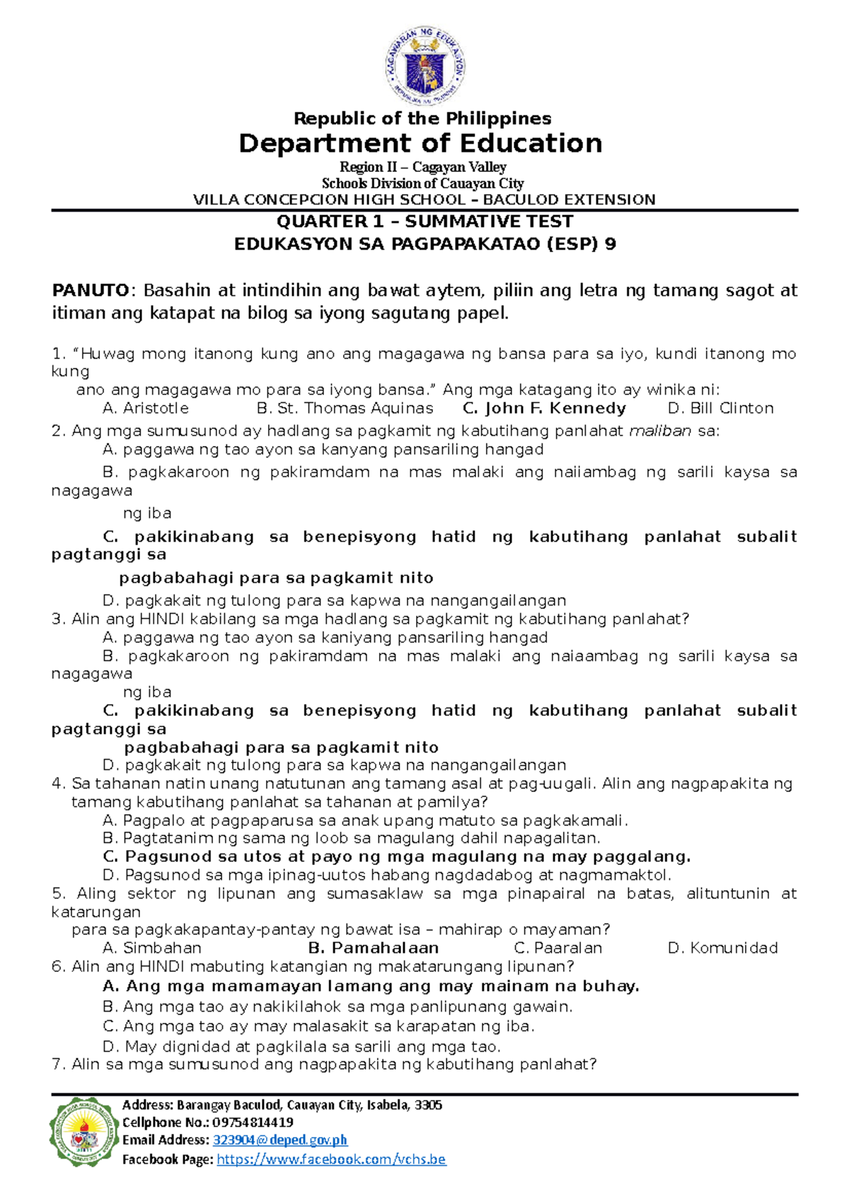 Q1 Summative TEST ESP9 WITH Answer - Department of Education Region II ...