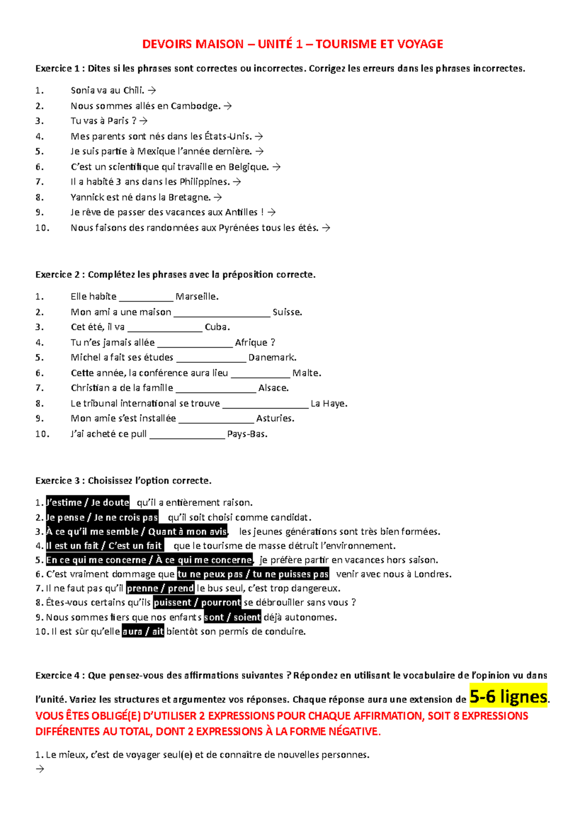 Devoirs - français 5.1 - Unité 1 - DEVOIRS MAISON – UNITÉ 1 – TOURISME ...