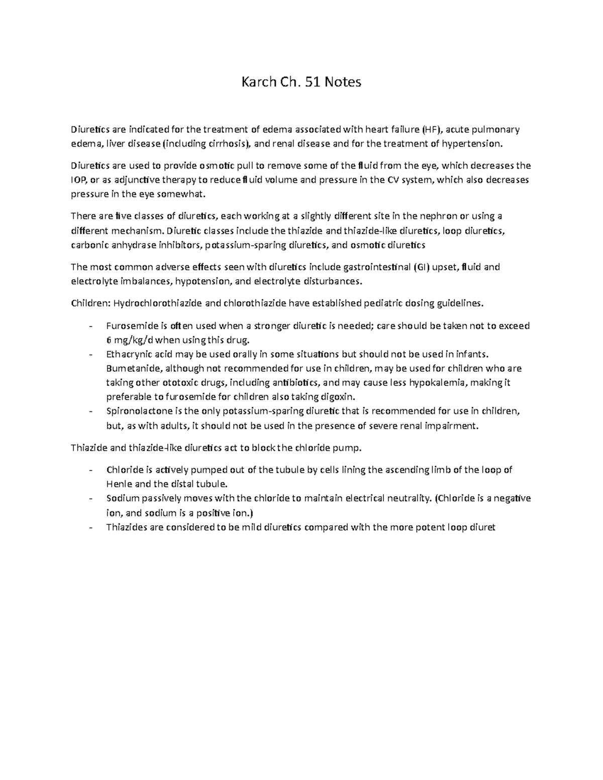 Ch. 51 notes - Karch Ch. 51 Notes Diuretics are indicated for the ...
