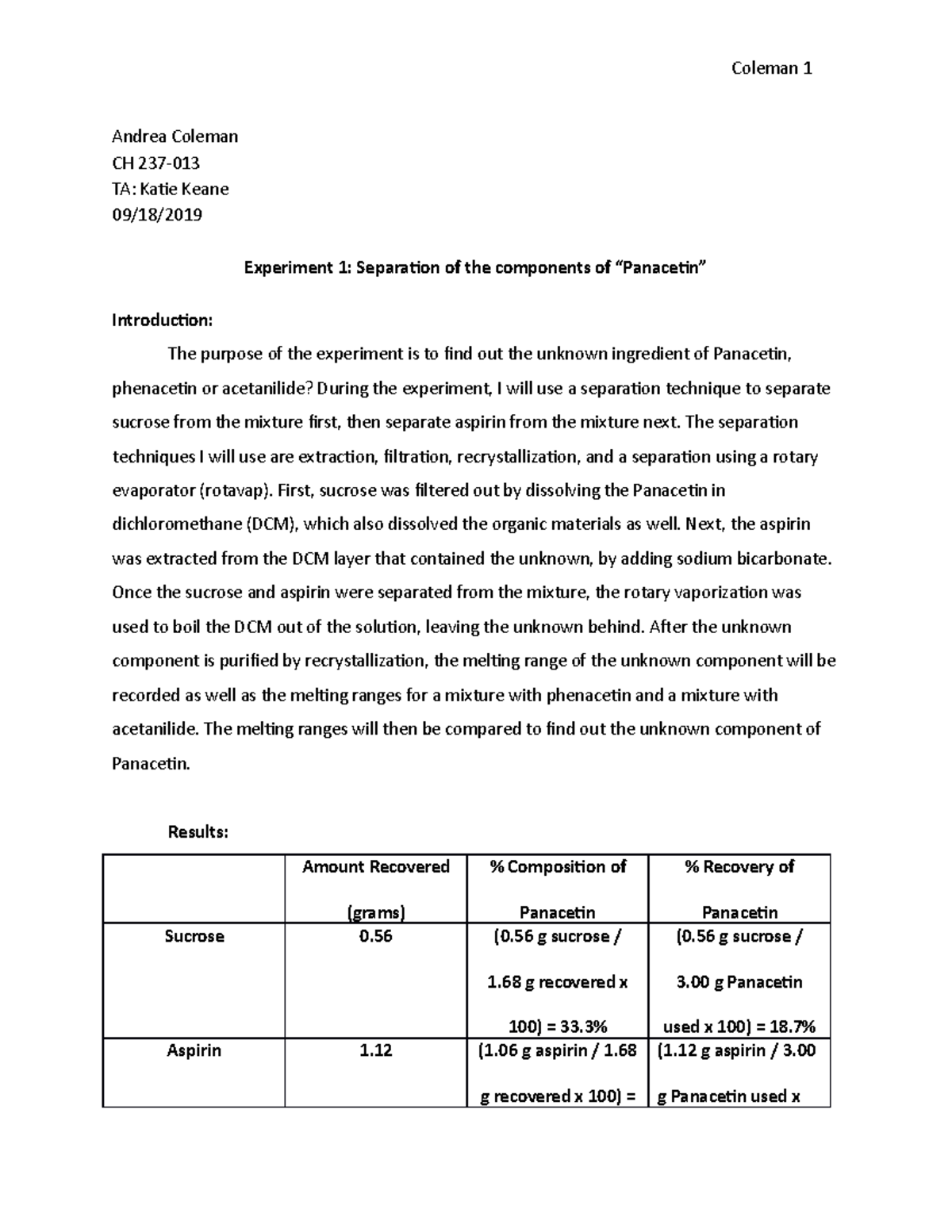 Experiment: Separation of Panacetin Components - Studocu