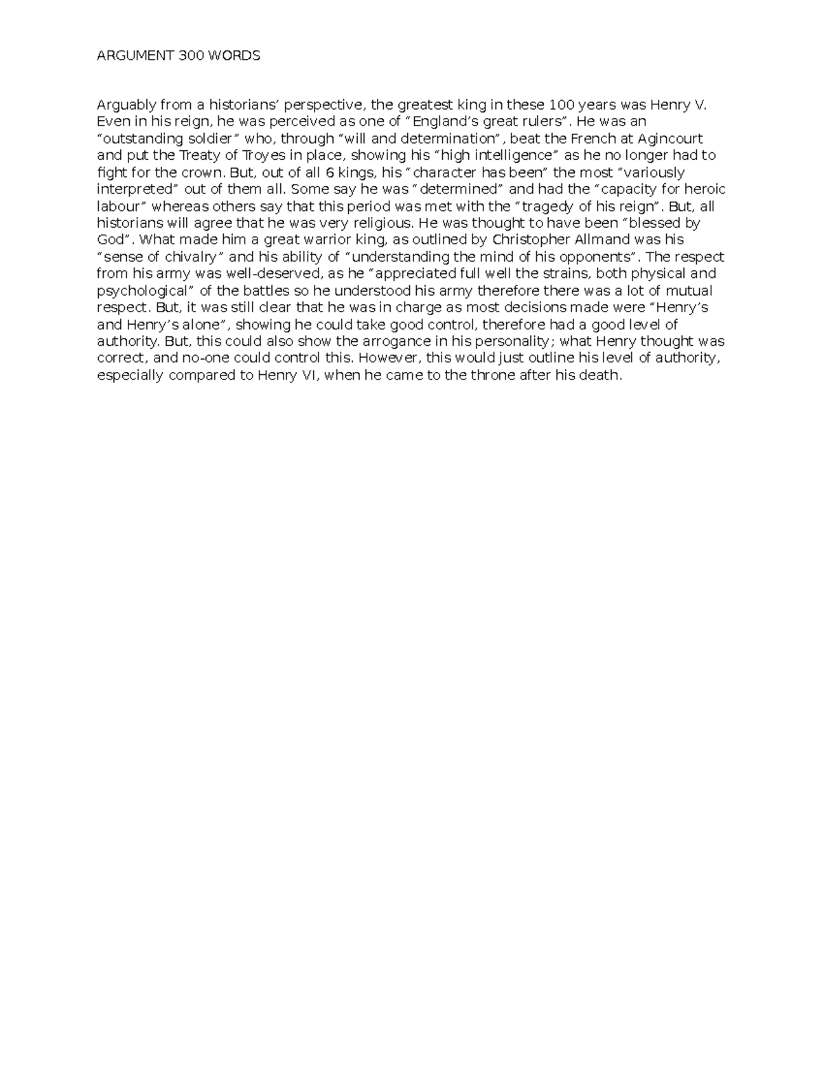2. Argument 6 - Henry V - These are all notes for the Medieval History ...