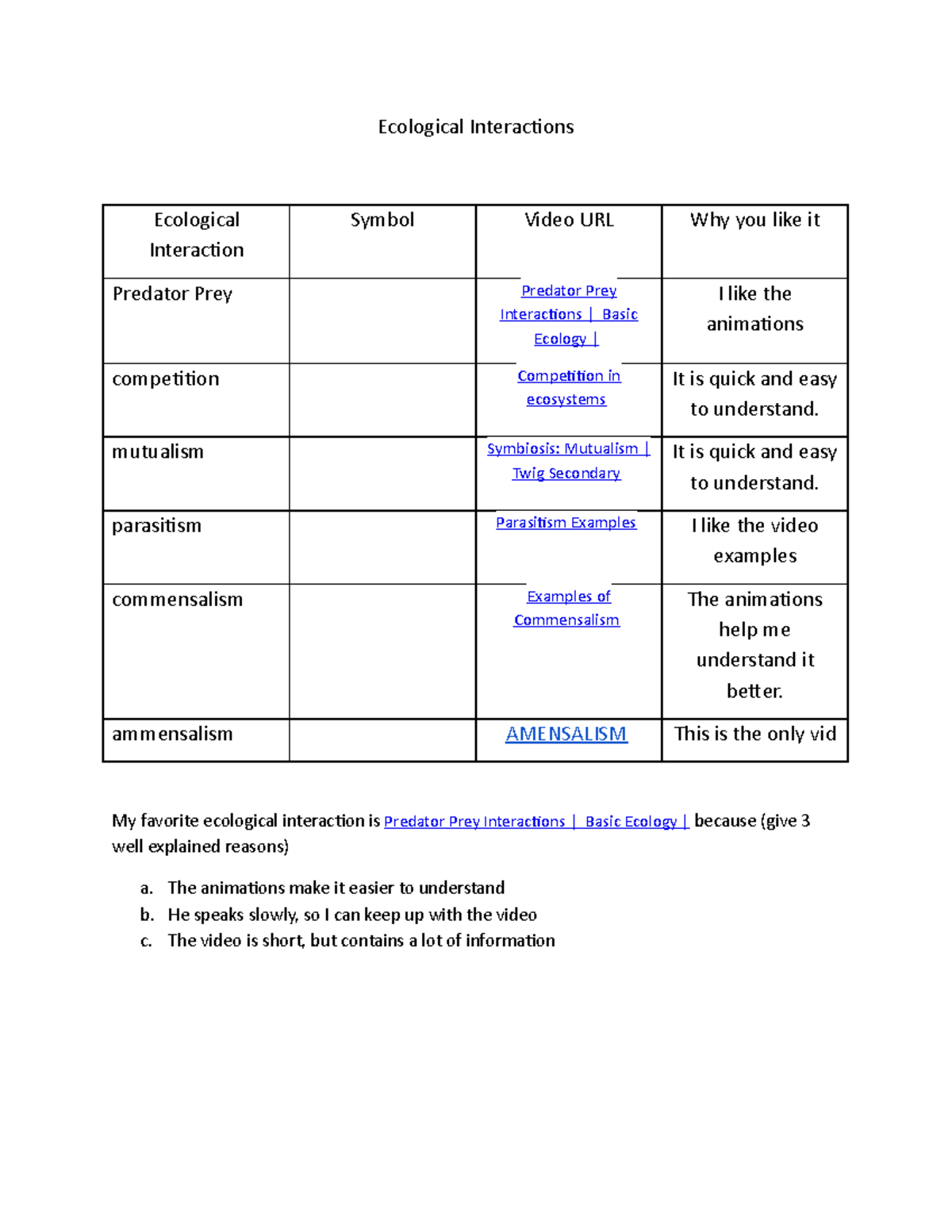 Copy of Ecological Interactions video organizer - Ecological ...