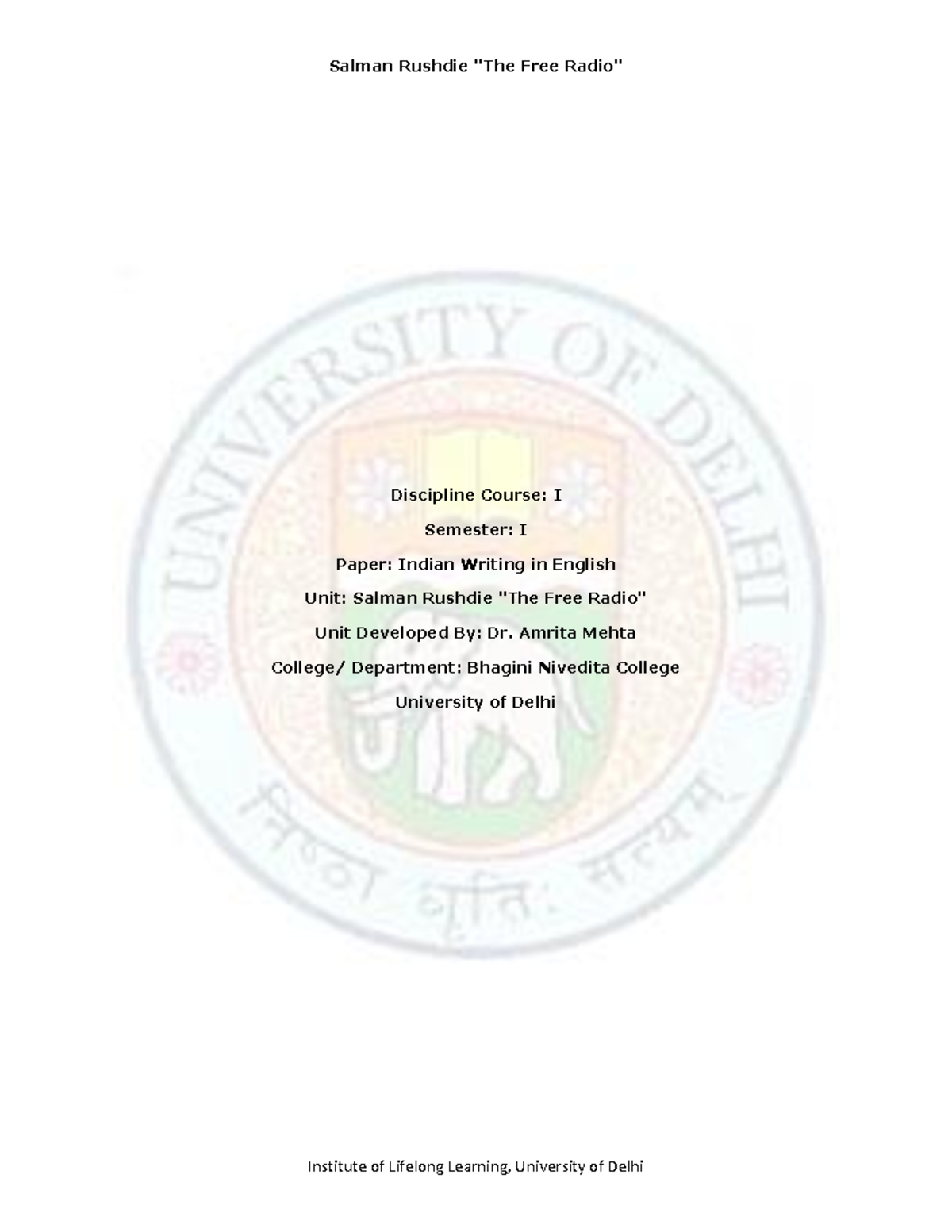 Salman Rushdie The Free Radio F - Discipline Course: I Semester: I ...