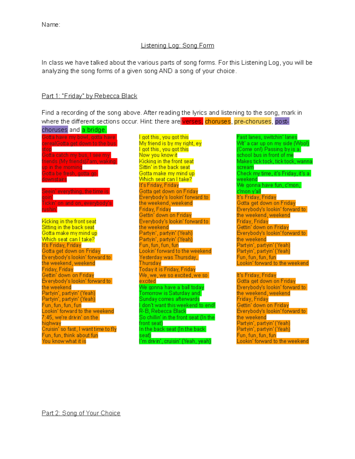 Copy of Listening Log Song Form (updated) - Name: Listening Log: Song ...