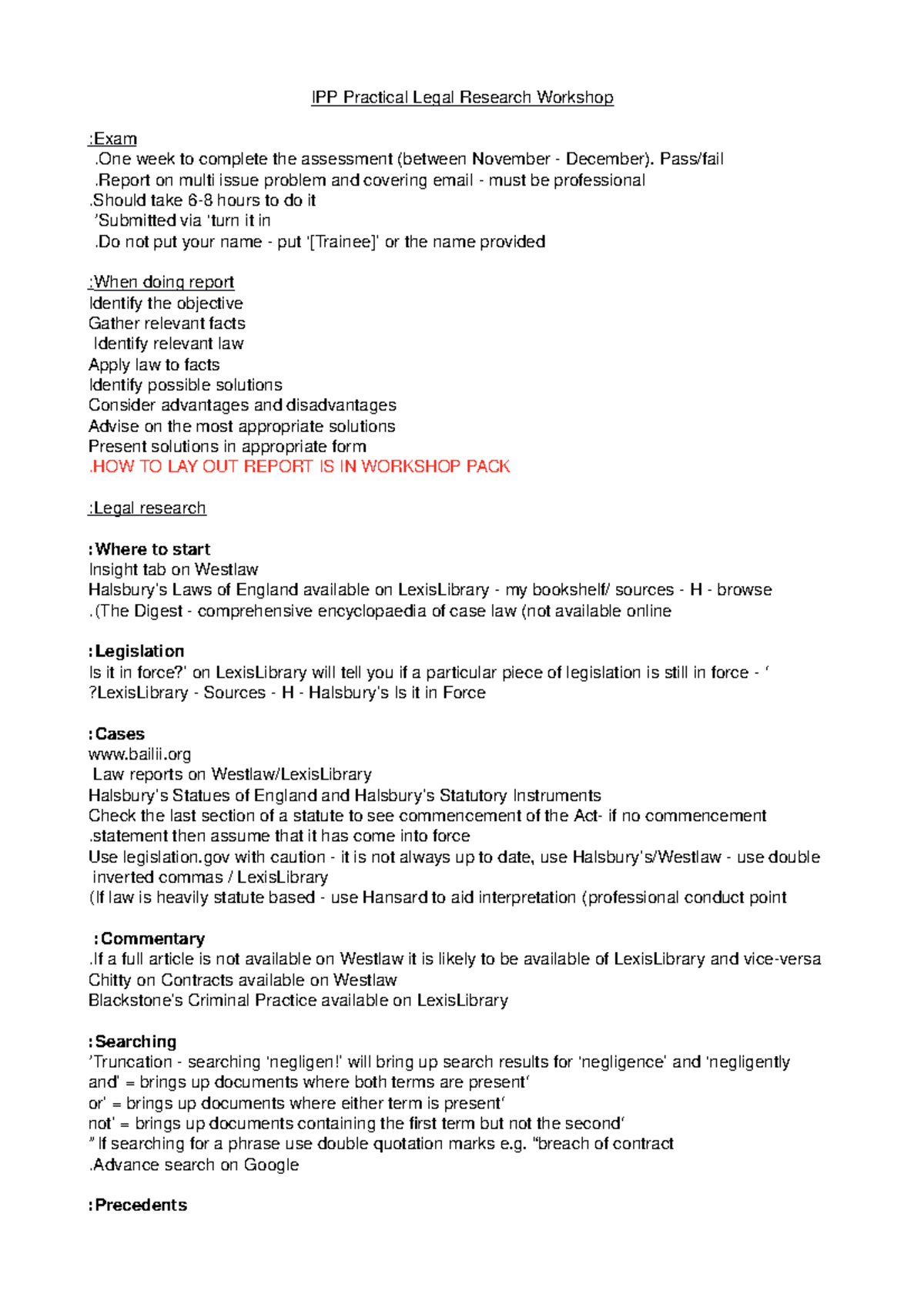 IPP Practical Legal Research Workshop - One week to complete the ...