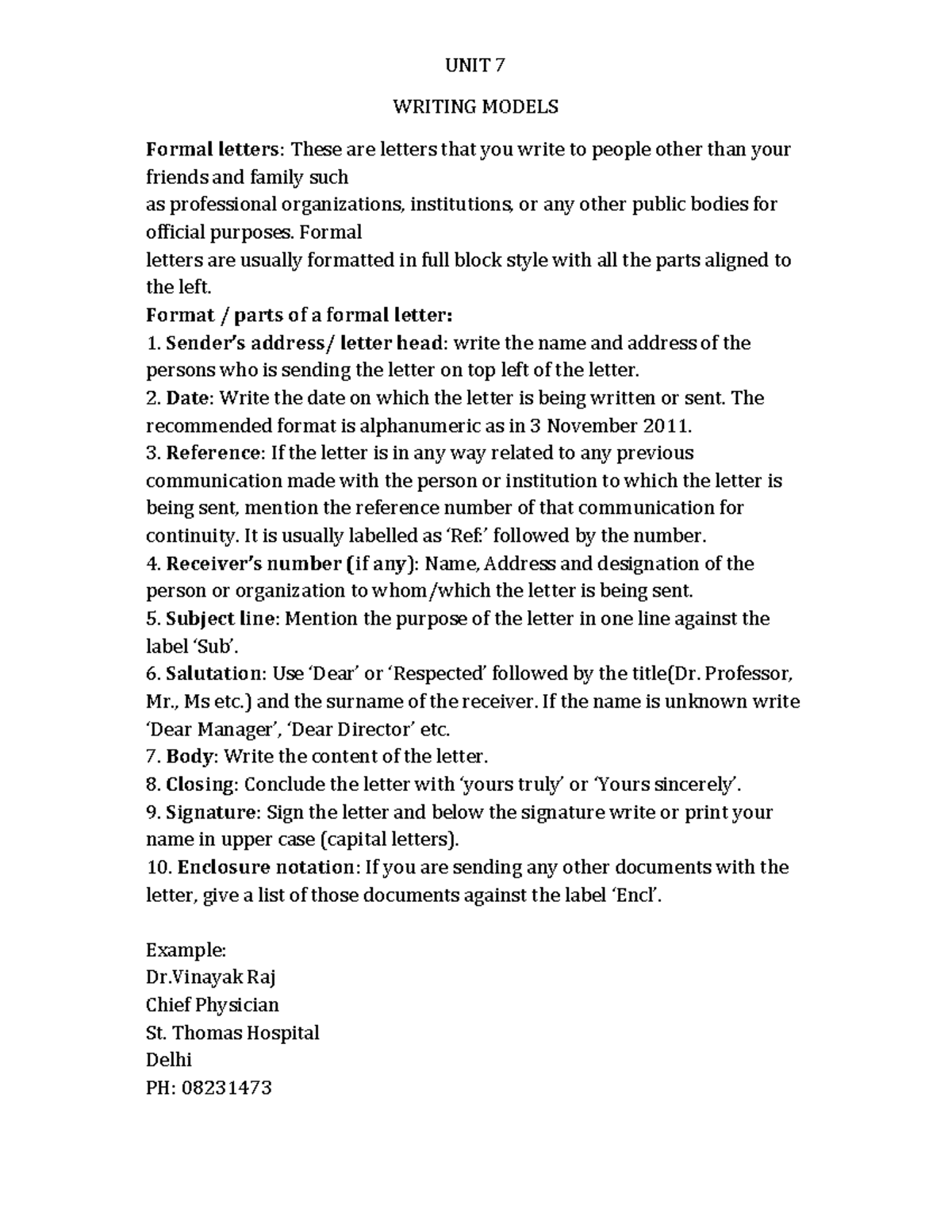 UNIT 7 Writing Models - UNIT 7 WRITING MODELS Formal letters: These are ...