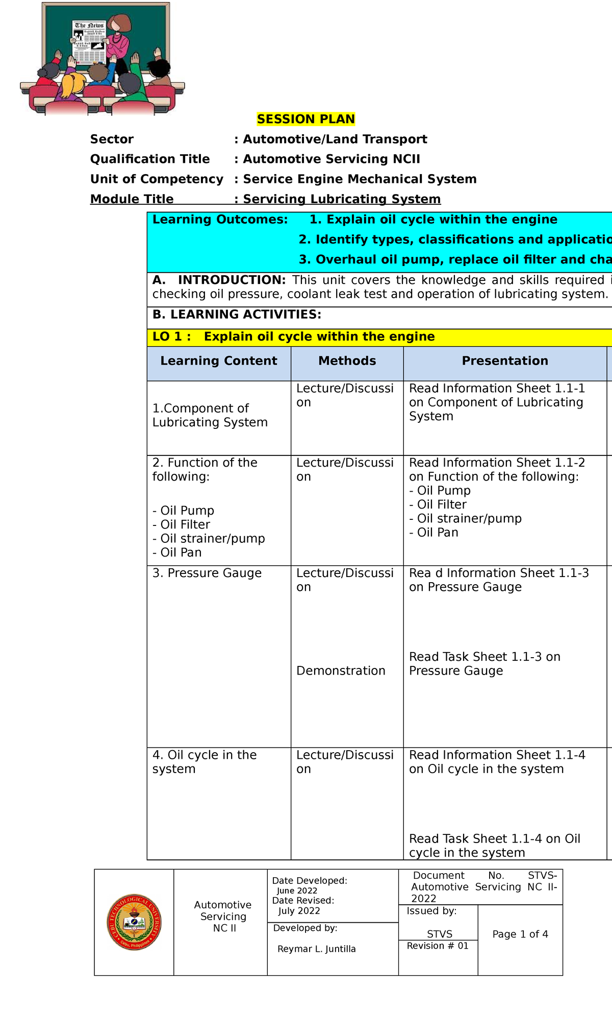 TM-Automotive-Technology Session PLAN- Juntilla - SESSION PLAN Sector : Automotive/Land ...