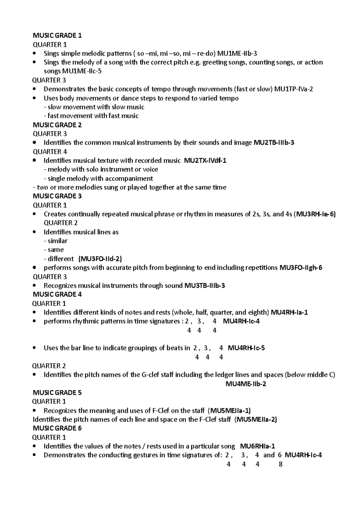 Music Learning Competencies Grade 1 6 - MUSIC GRADE 1 QUARTER 1 Sings ...