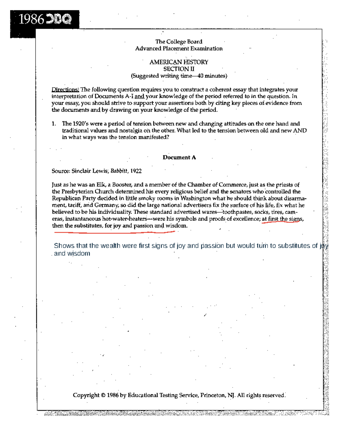 1986 dbq - 1920s - The College Board Advanced Placement Examination ...