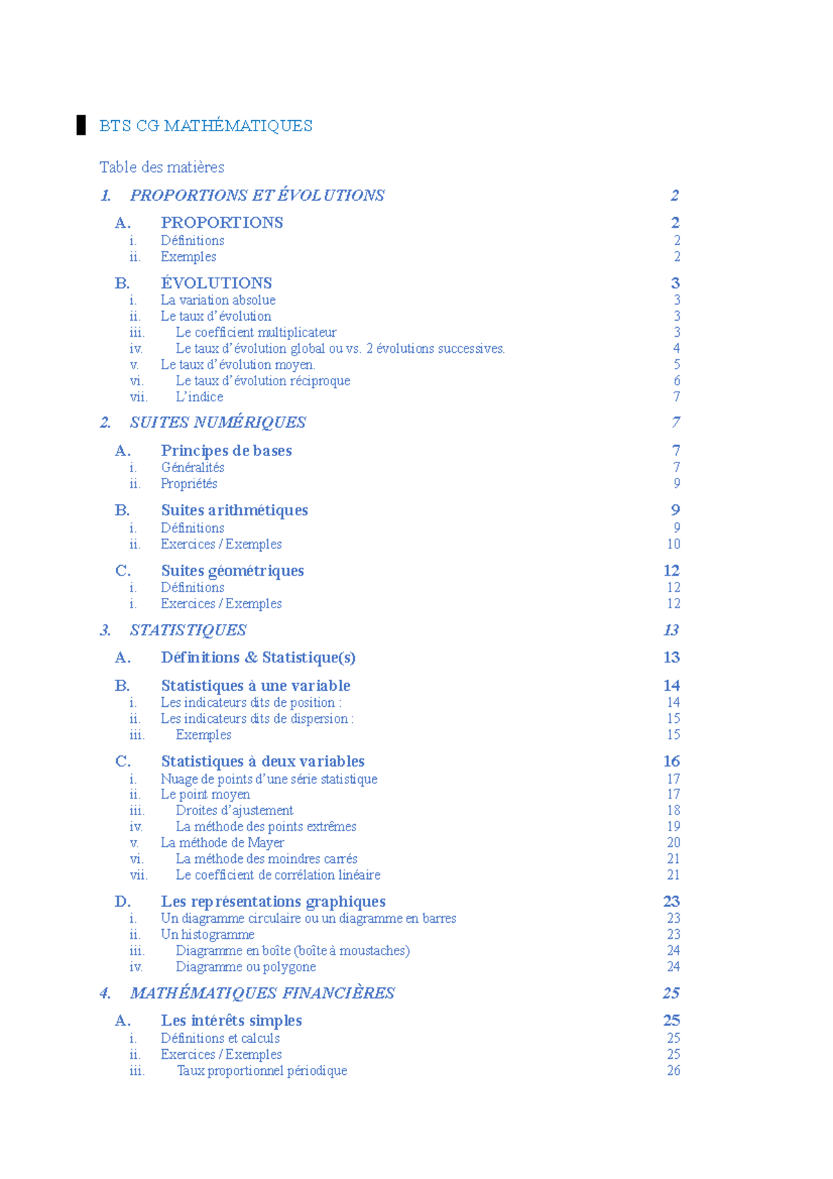Maths de comptabilité - BTS CG MATHÉMATIQUES PROPORTIONS ET ÉVOLUTIONS Table des matières A ...