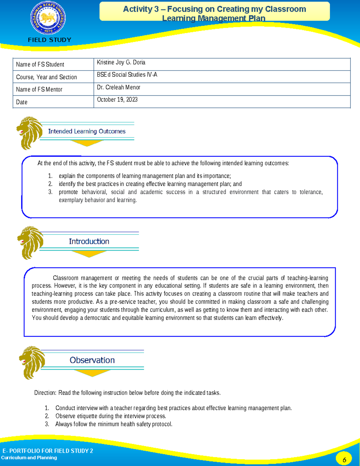 FS 2 Activity 3 - Learning Management Plan E- PORTFOLIO FOR FIELD STUDY 2 FIELD STUDY 2 At the ...