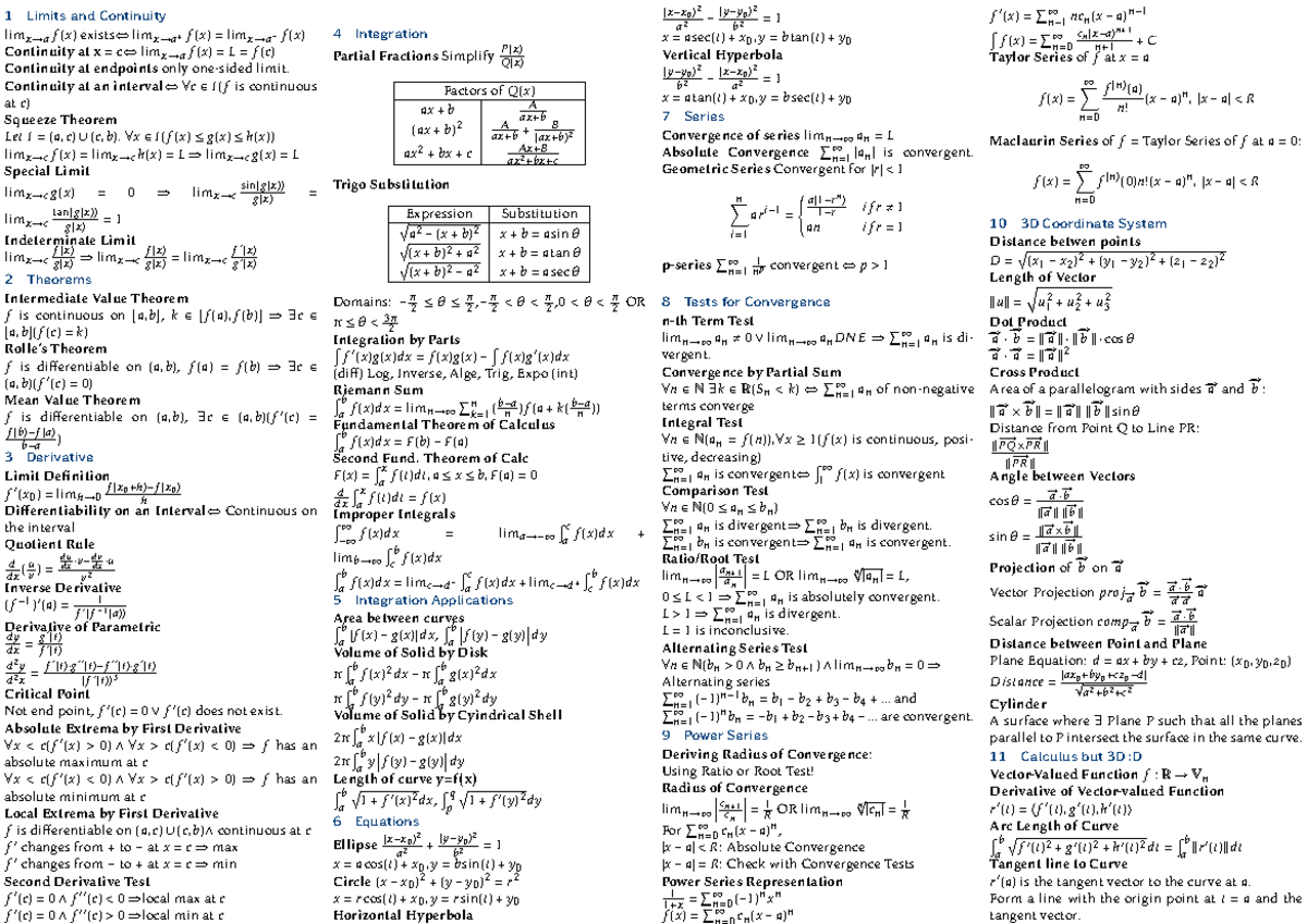 MA1521 finals cheatsheet - 1 Limits and Continuity lim x→a f (x) exists⇔ lim x→a f (x) = lim x→a ...