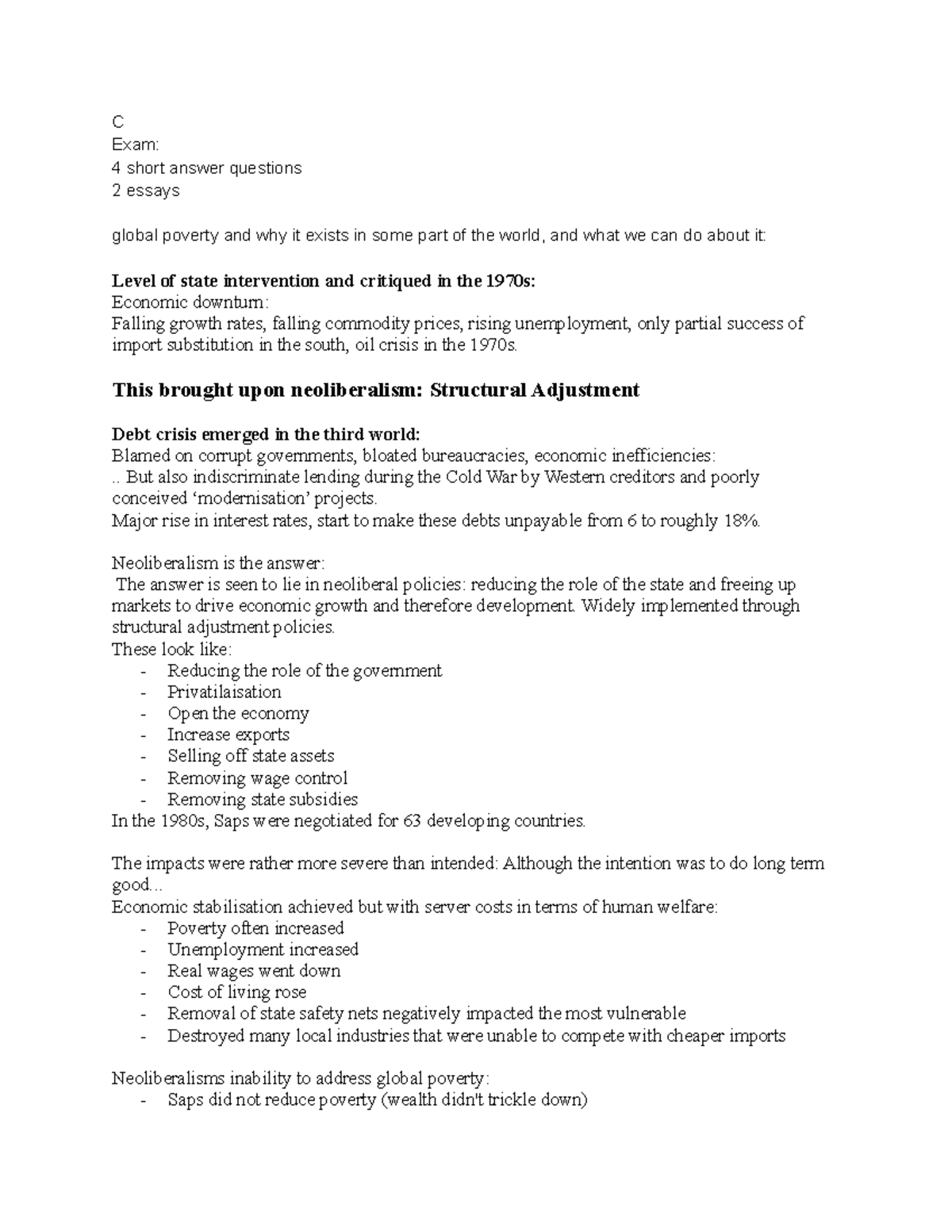 Neoliberalism and Alternative Development Theory - C Exam: 4 short ...