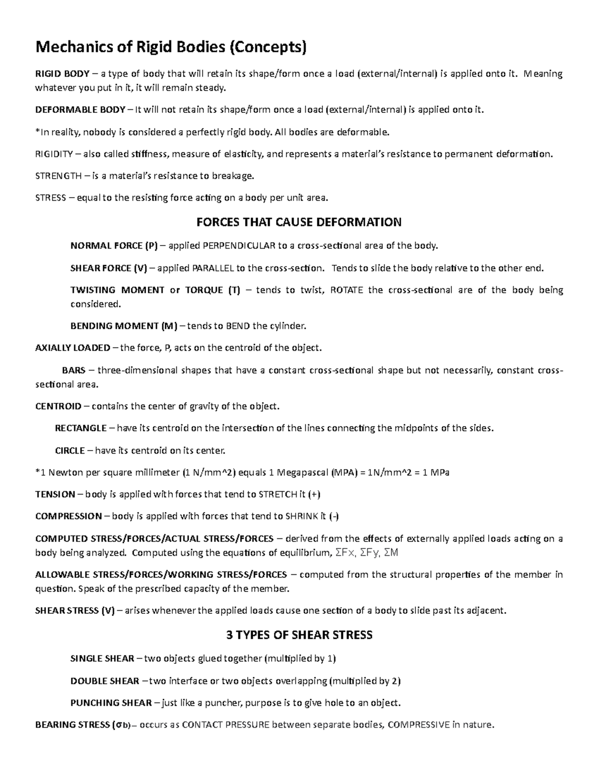 CIE 113 (concepts) - Notes - Mechanics of Rigid Bodies (Concepts) RIGID ...