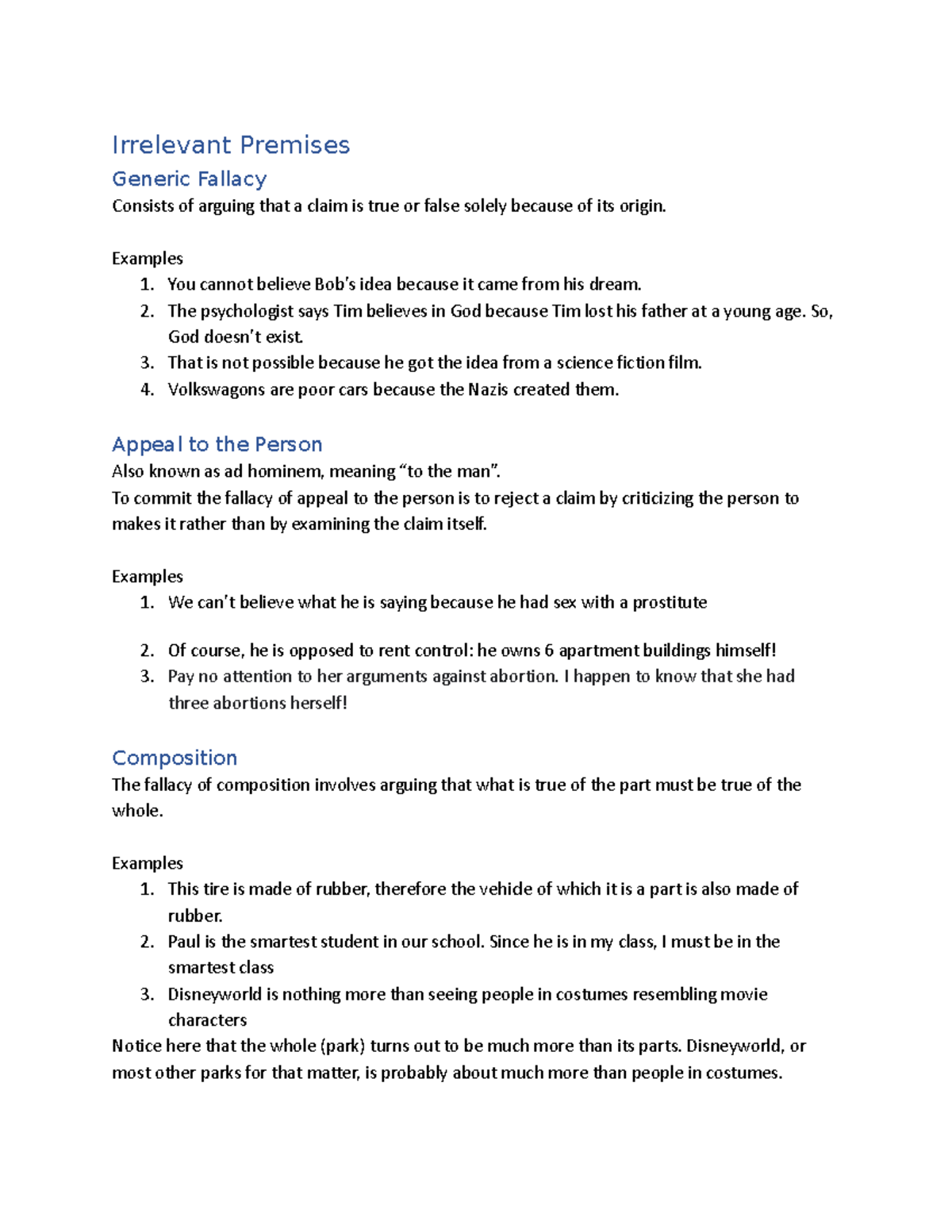 Fallacies - Irrelevant Premises and Unacceptable Premises - Irrelevant ...