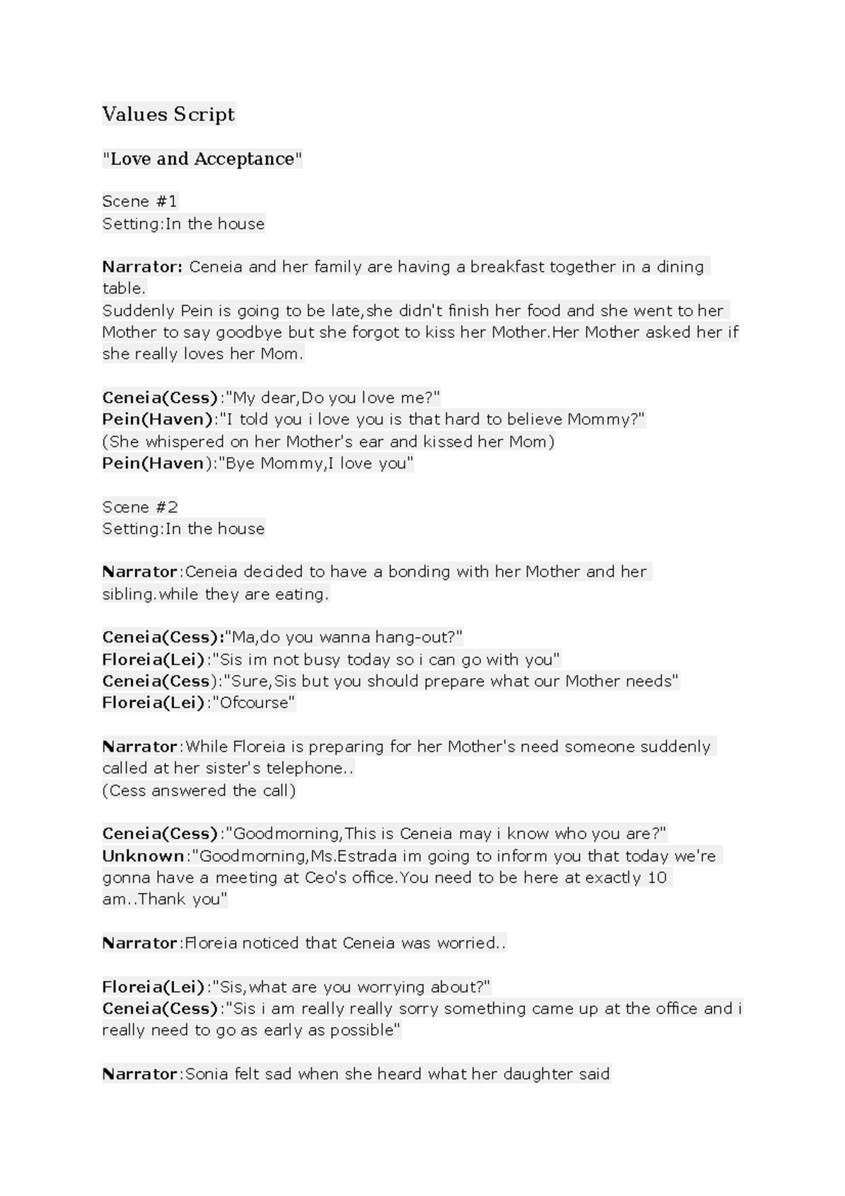 Values Script - RRL MATRIX FORMAT - Values Script "Love and Acceptance ...