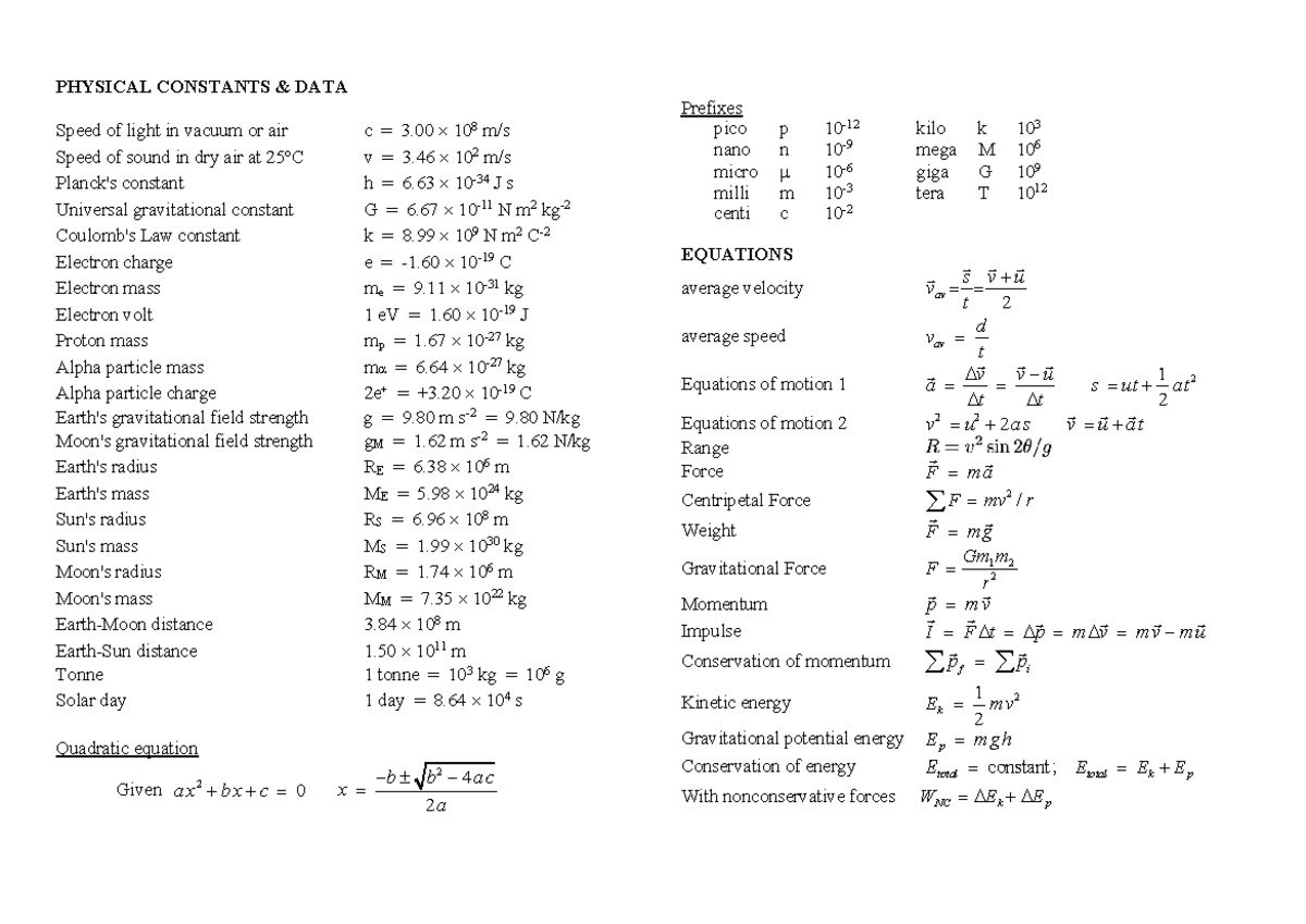 Physics bridging unit- formula sheet - PHYSICAL CONSTANTS & DATA Speed of light in vacuum or air ...