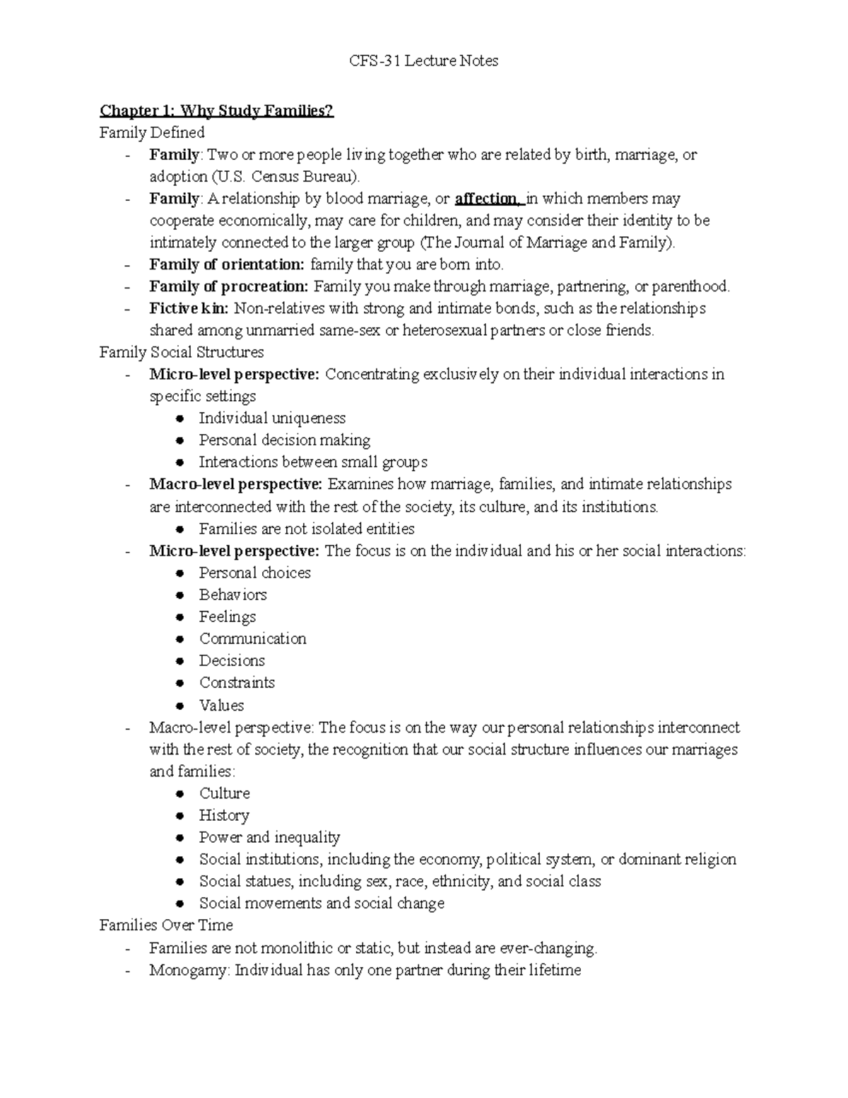 CFS-31 Lecture Notes - hope this helps - Chapter 1: Why Study Families ...