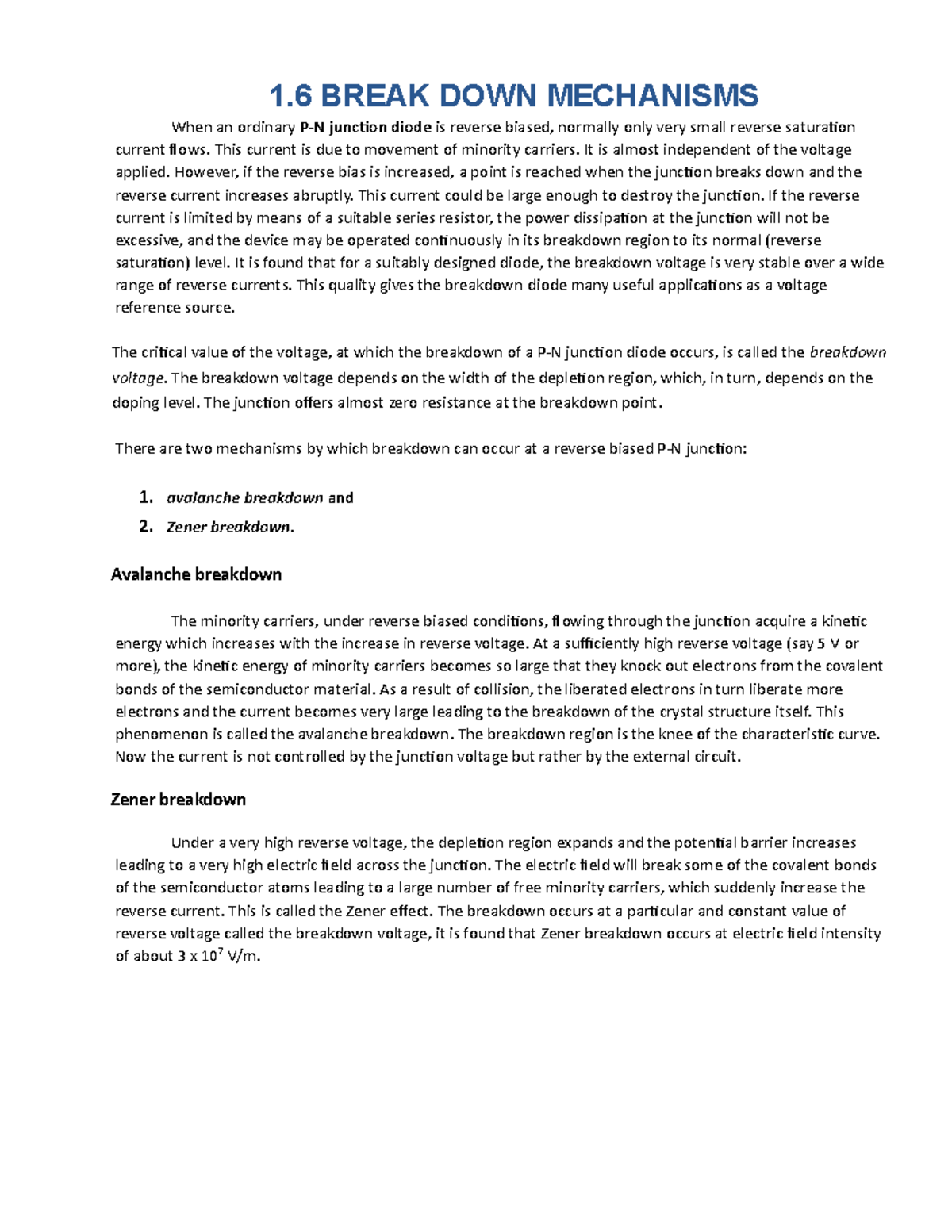 Break DOWN Mechanisms - 1 BREAK DOWN MECHANISMS When an ordinary P-N ...