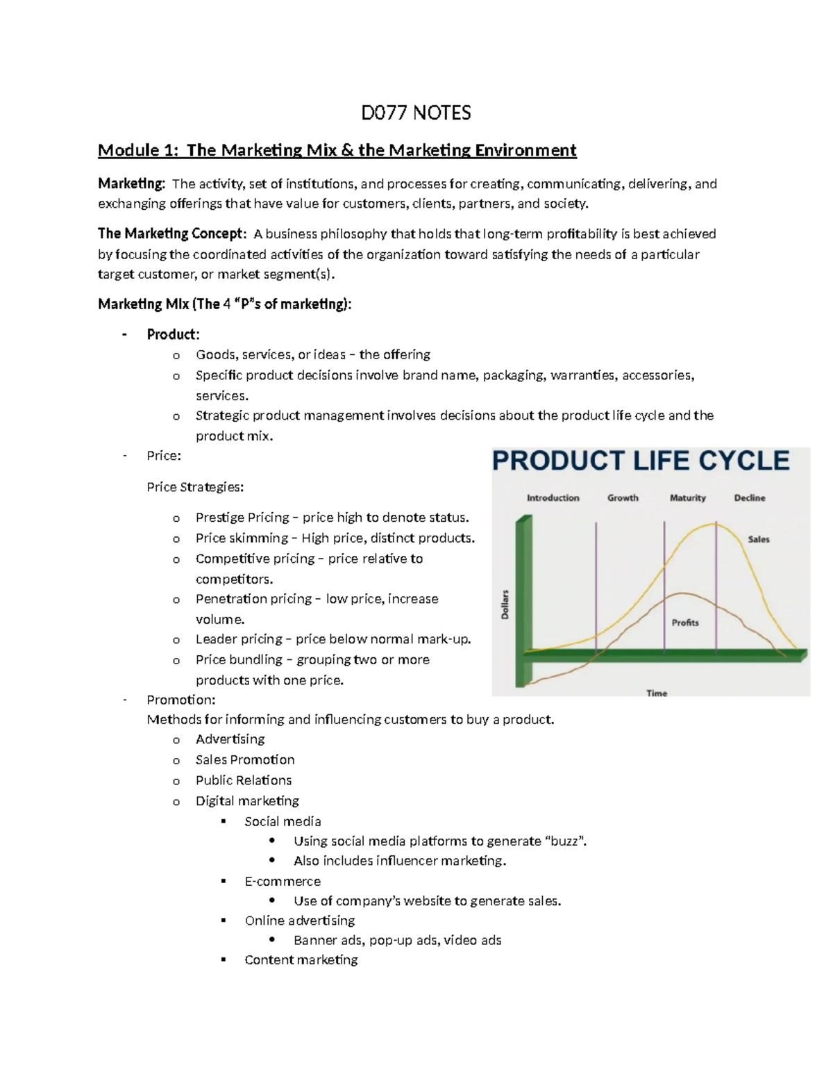D077 Notes - D077 NOTES Module 1: The Marketing Mix & the Marketing ...