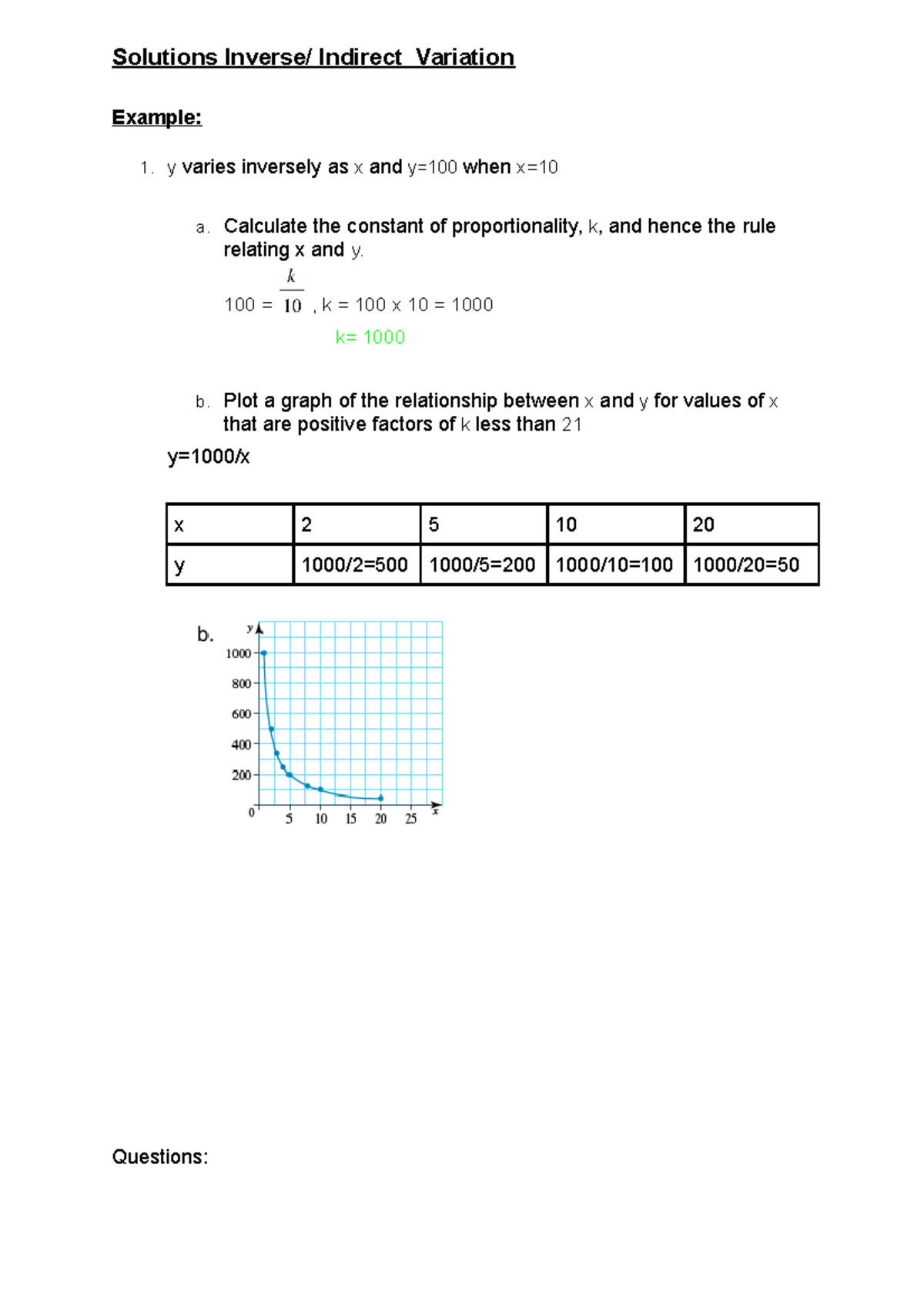 Solutions to Inverse Variaton - Solutions Inverse/ Indirect Variation ...
