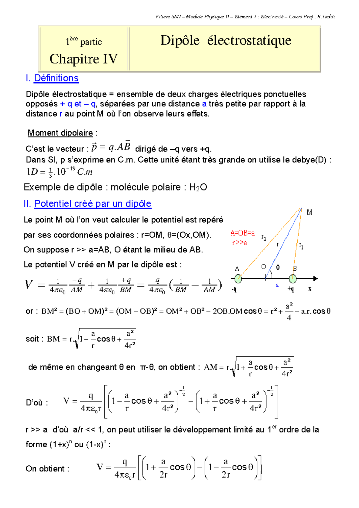 Dipole ectrostatique - electricité - 1 ère partie Chapitre IV Dipôle électrostatique I ...